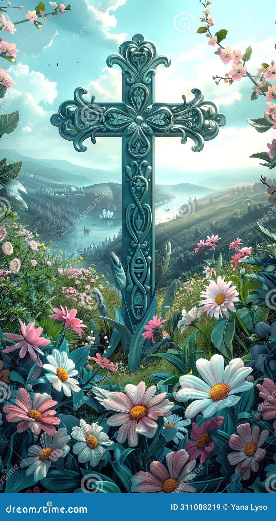 Stylized Cross with Intricate Patterns in the Field with Flowers, and a ...