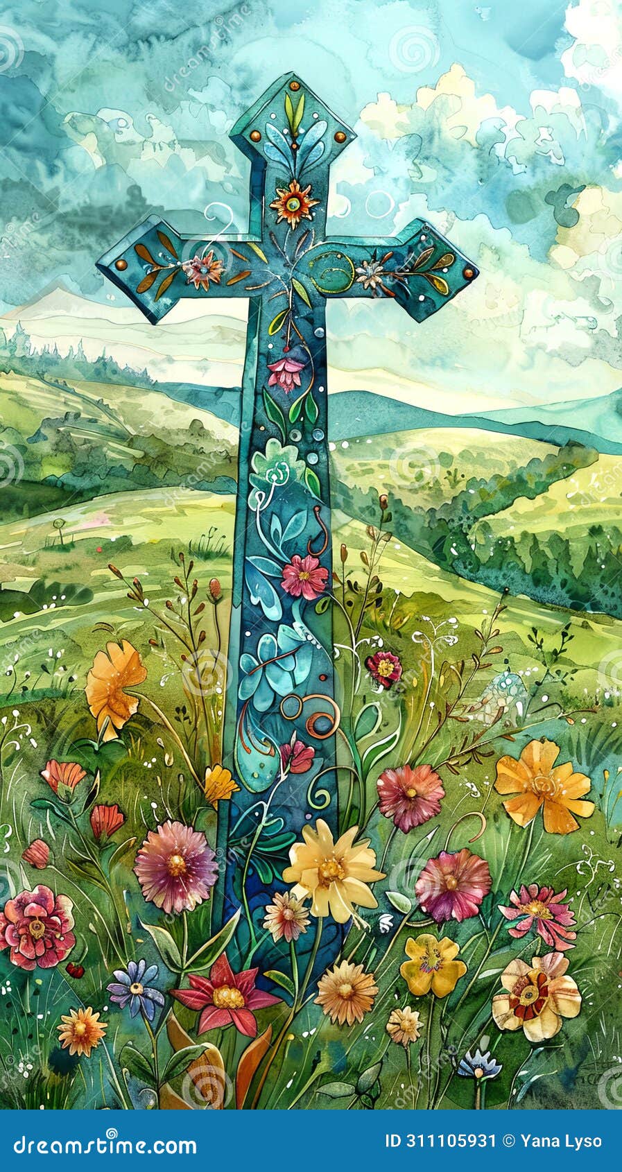 Stylized Cross with Intricate Patterns in the Field with Flowers, and a ...
