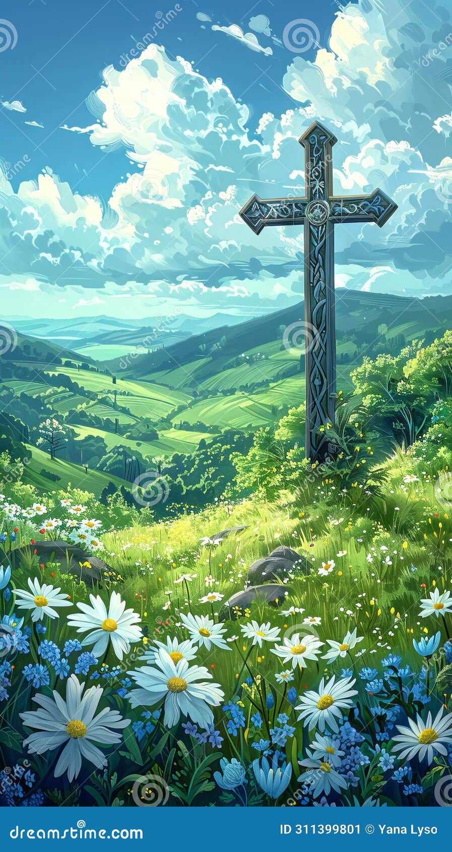 Stylized Cross with Intricate Patterns in the Field with Flowers, and a ...