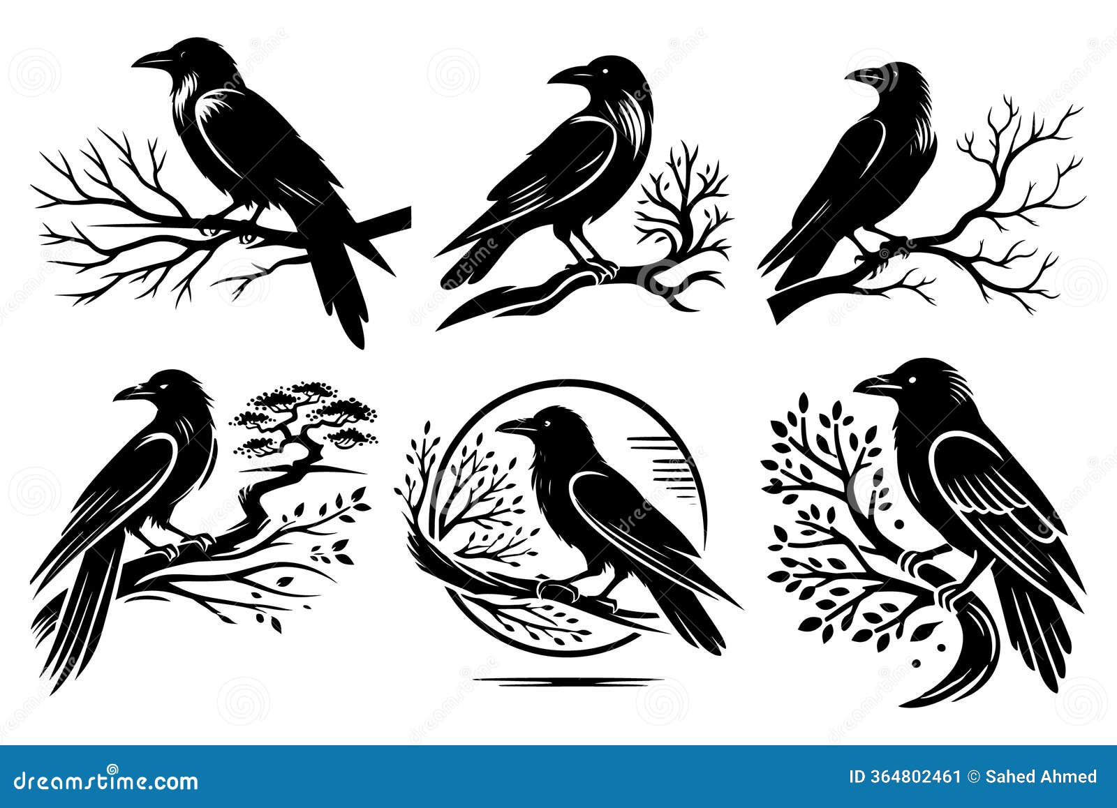 Stylized Crow Vector Set Raven & Bird Silhouette Illustrations ...