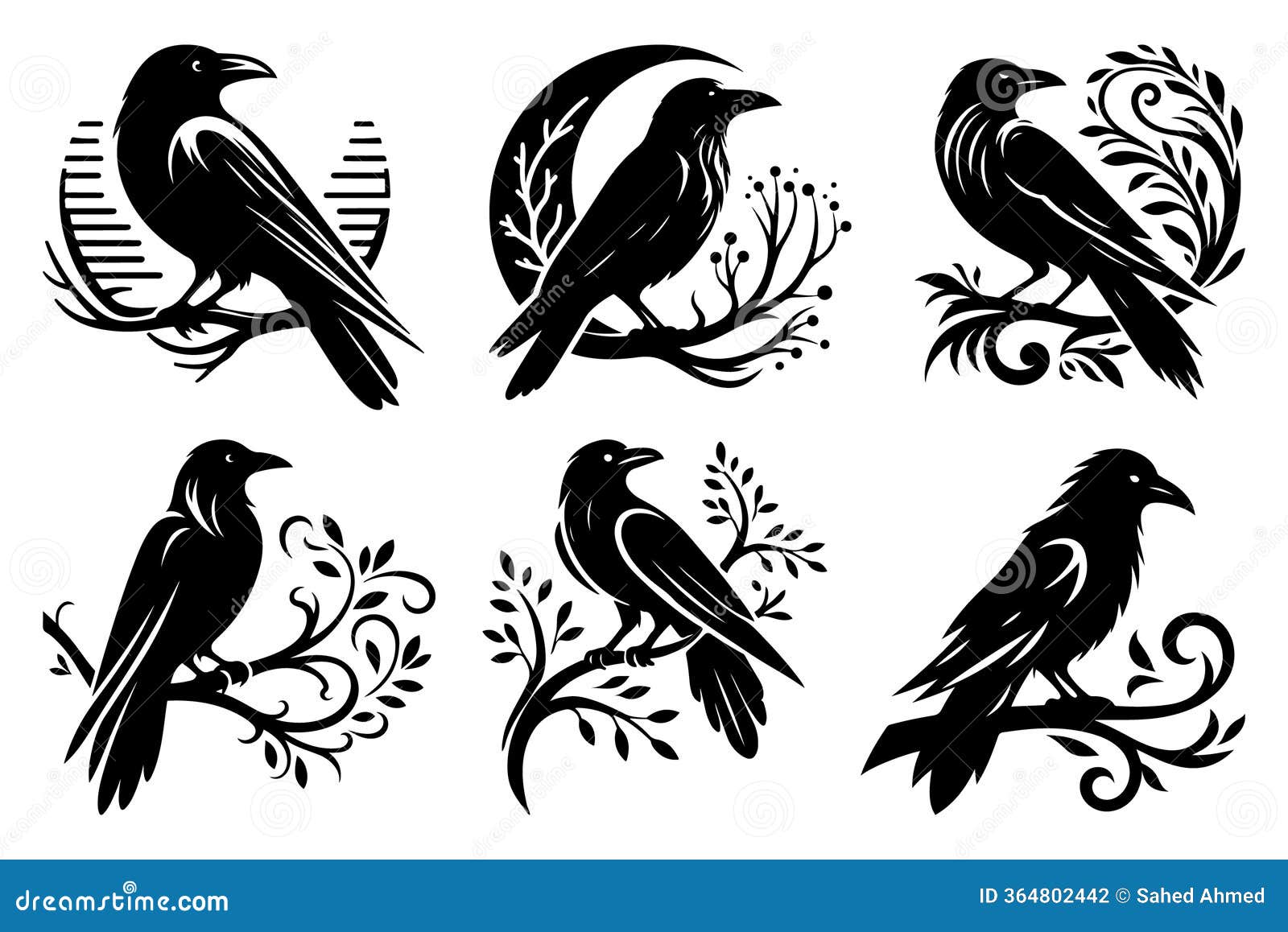 Stylized Crow Vector Set Raven & Bird Silhouette Illustrations ...