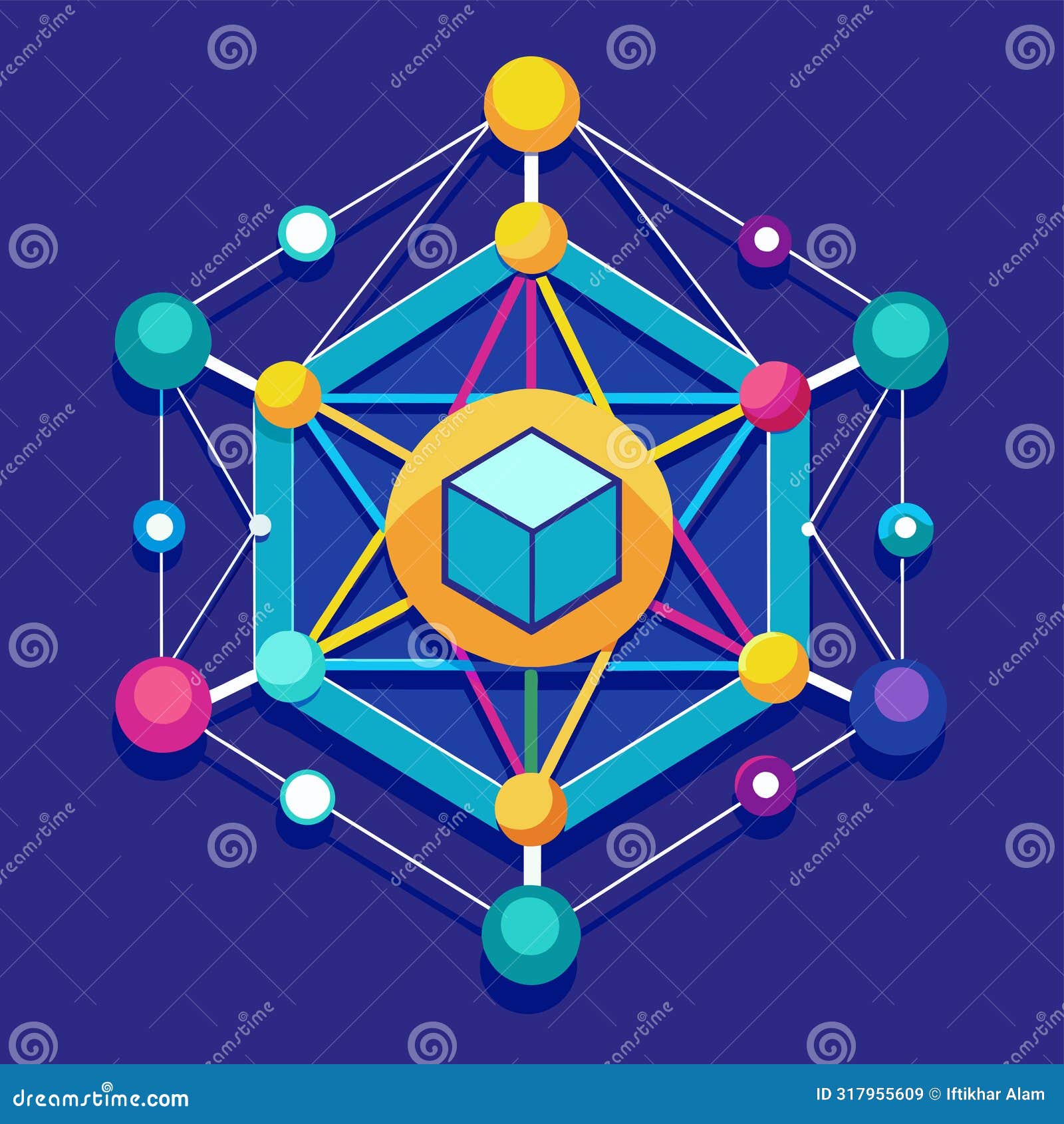 Stylized Cube at Center Surrounded by Circles in Artistic Formation, a ...