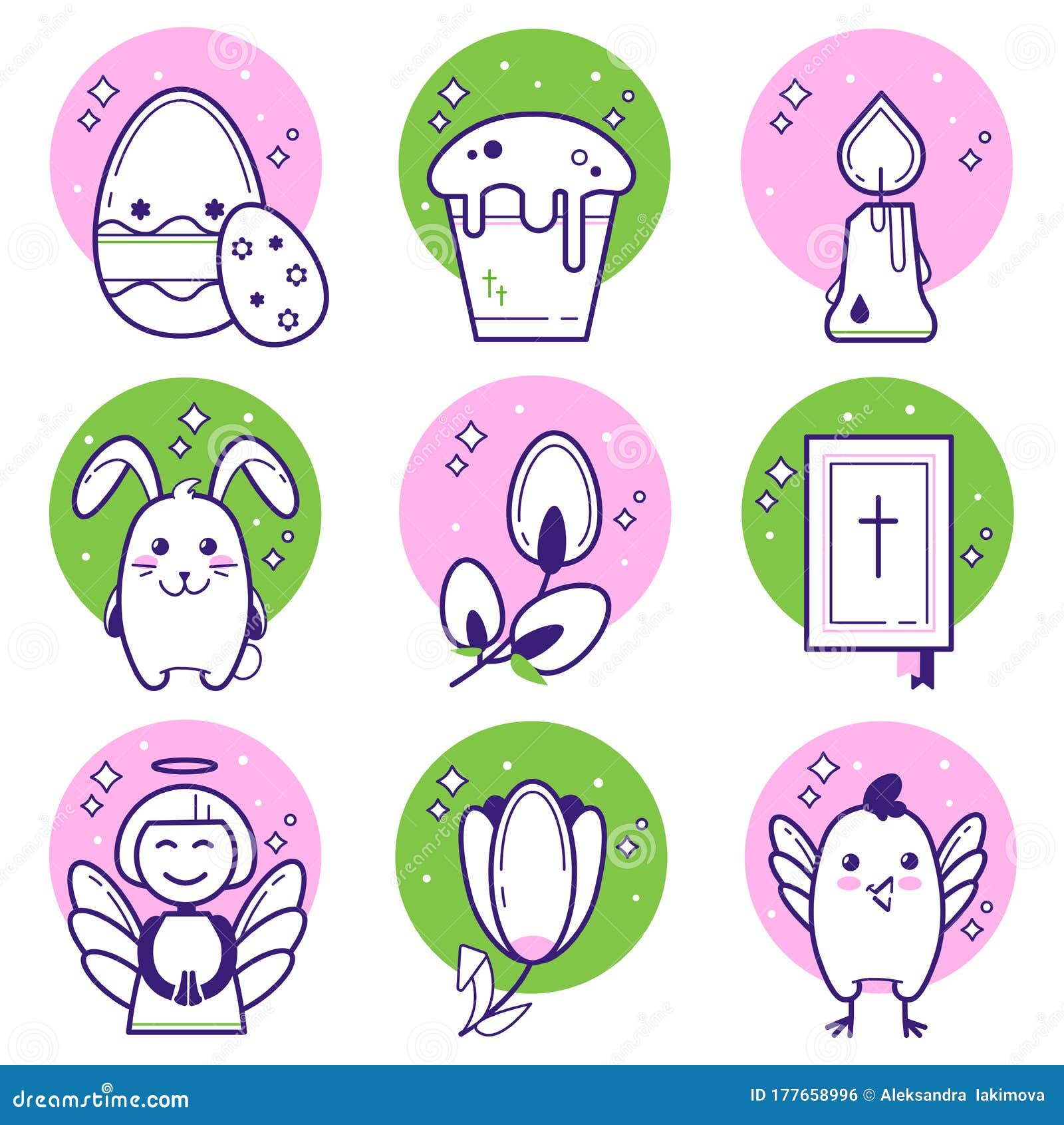 Cute Stylized Easter Icons. Cartoon Pink Vector Set for Web or Print ...