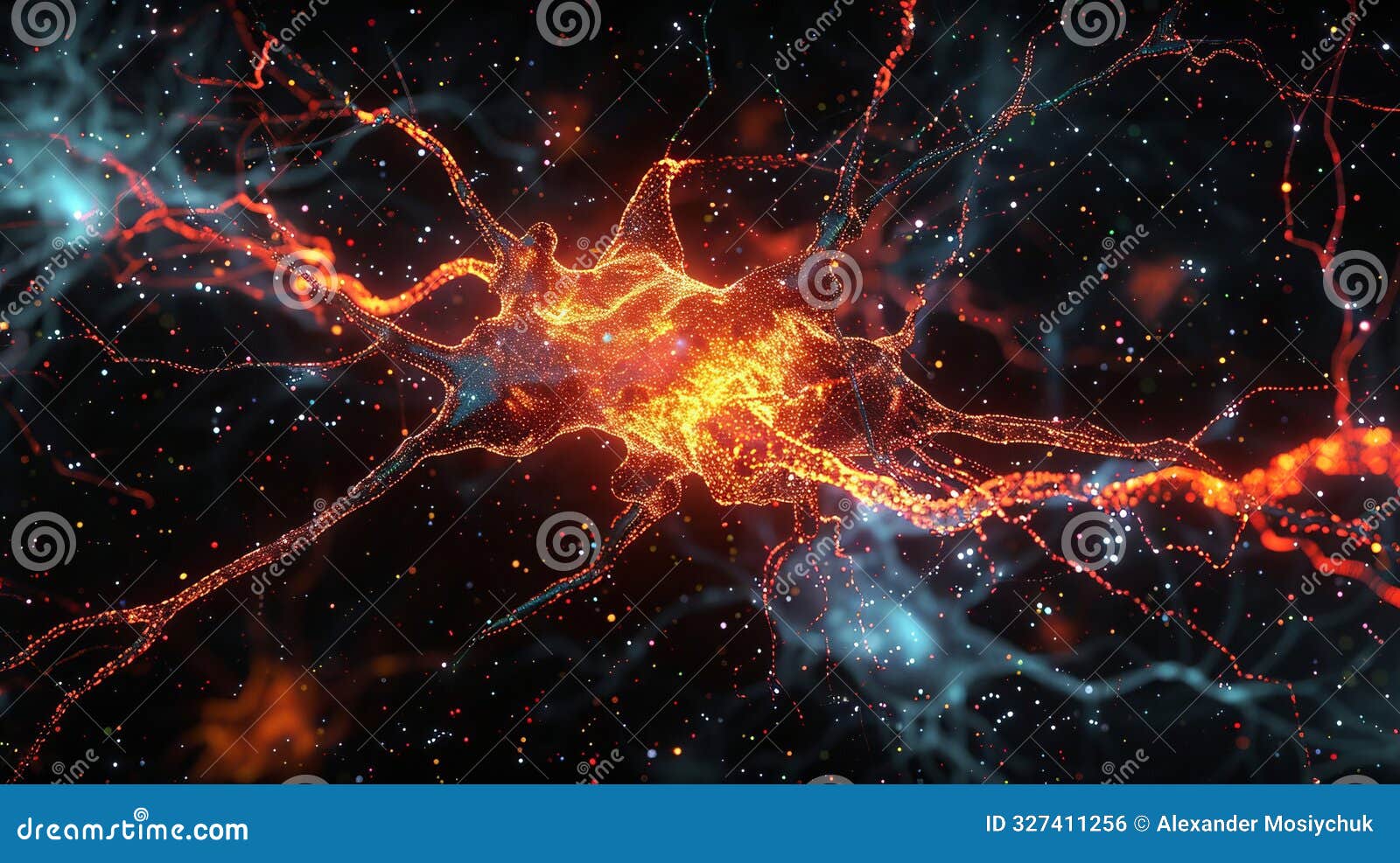 Abstract Digital Representation of a Neuron with Orange and Blue Light ...