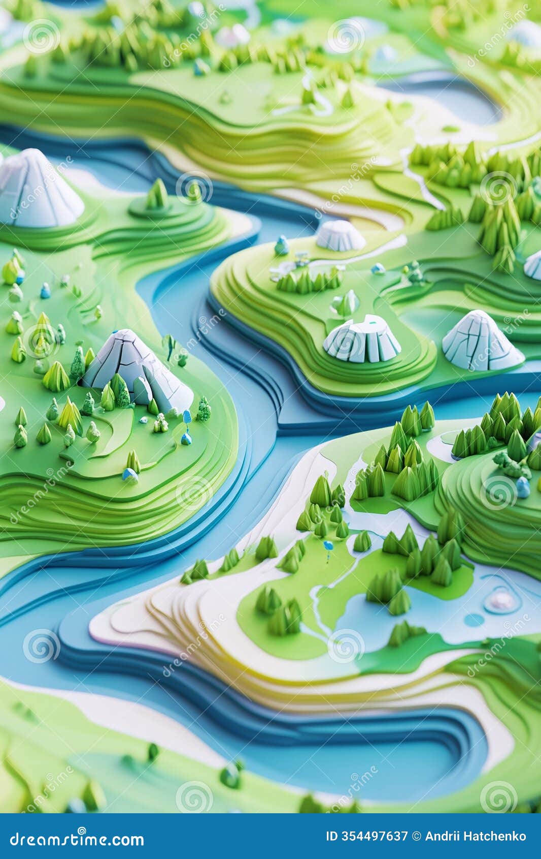 A Stylized 3D Landscape Map with Environmental GIS Data Pathways. Stock ...