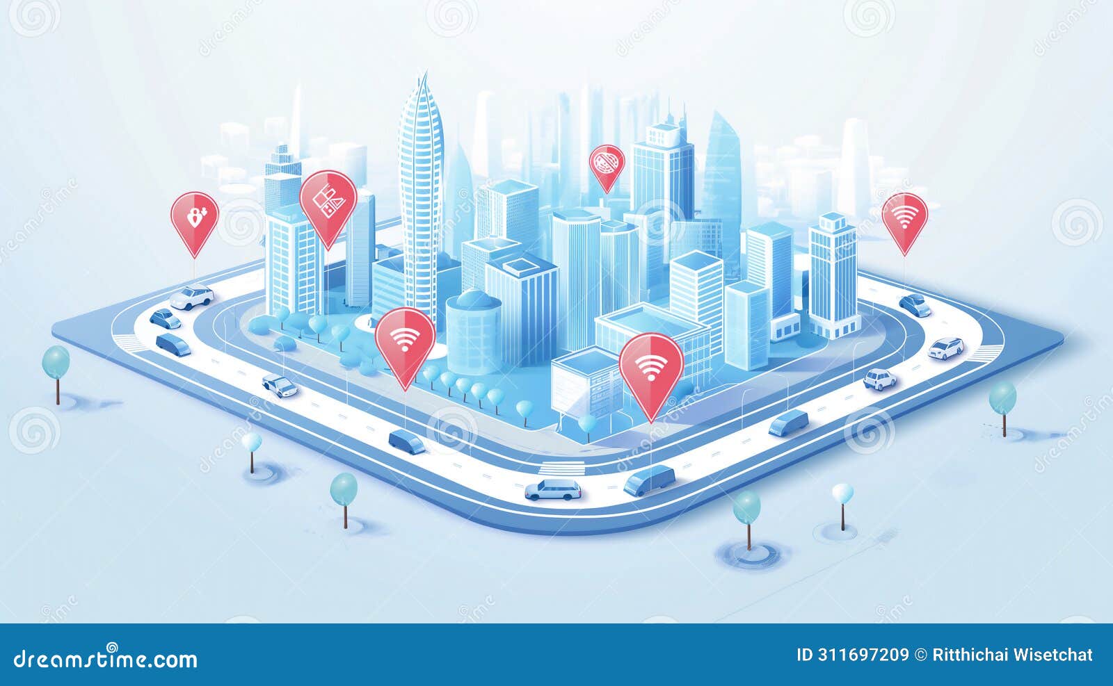 A Stylized 3D Map of a Smart City with Glowing Location Pins and ...