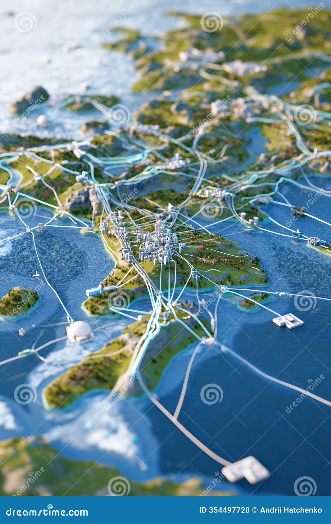 A Stylized 3D Regional Map with Transportation Hubs and Connecting ...