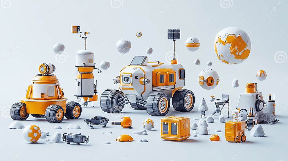 Stylized 3D Render of Futuristic Space Exploration Equipment, Rovers ...
