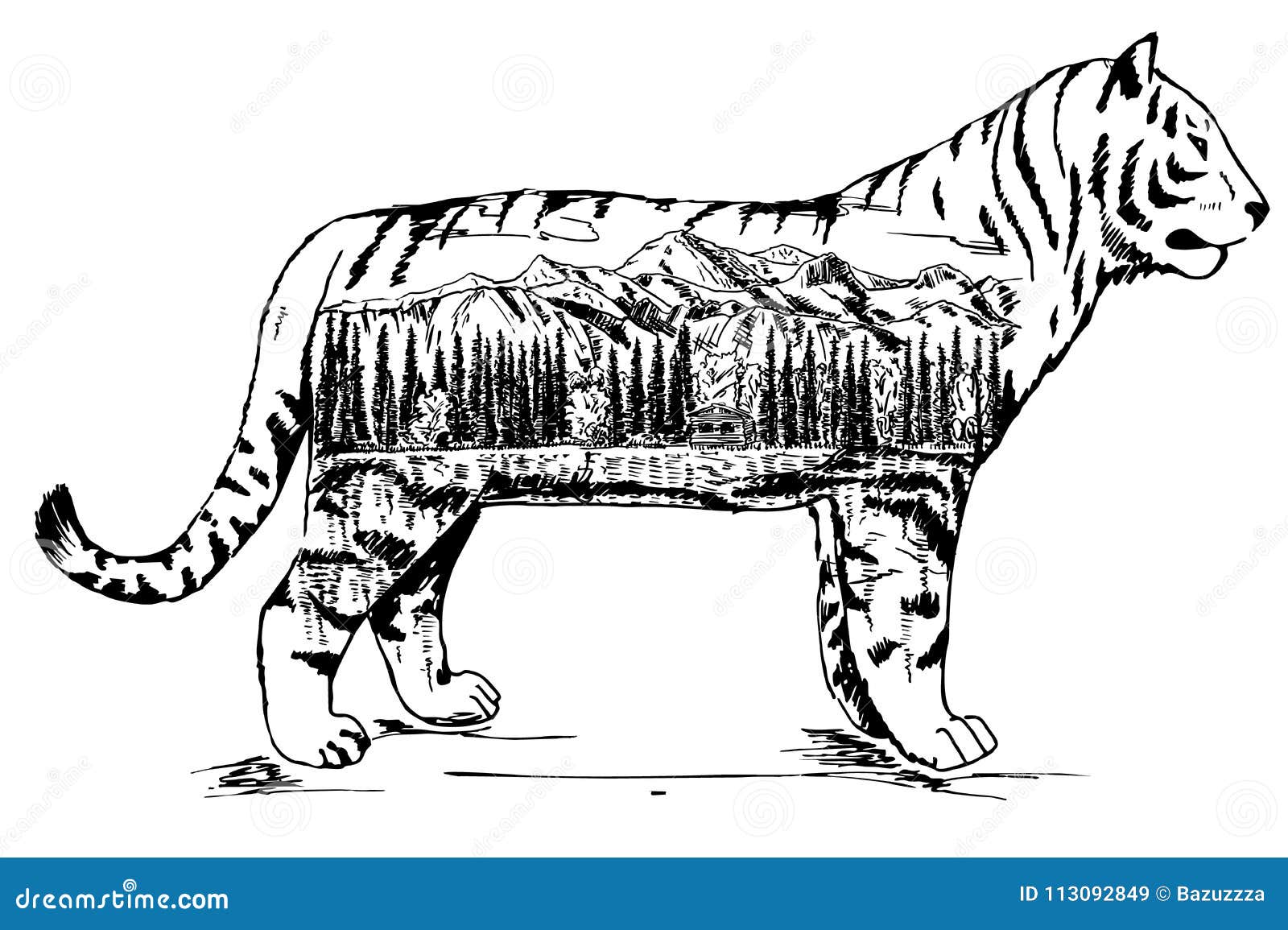 Stylized Decorative Tiger Vector Ink Hand Drawn Illustration Stock ...