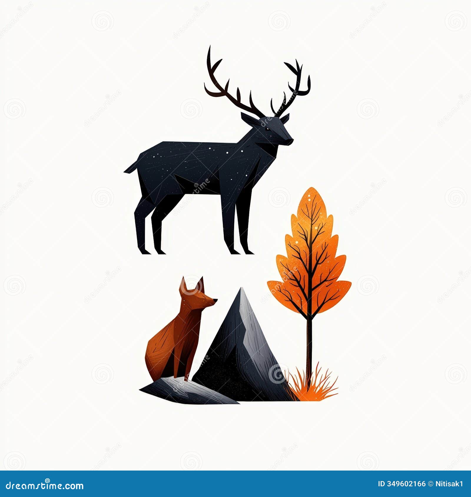 Stylized Deer and Fox with Trees White Background Stock Illustration ...