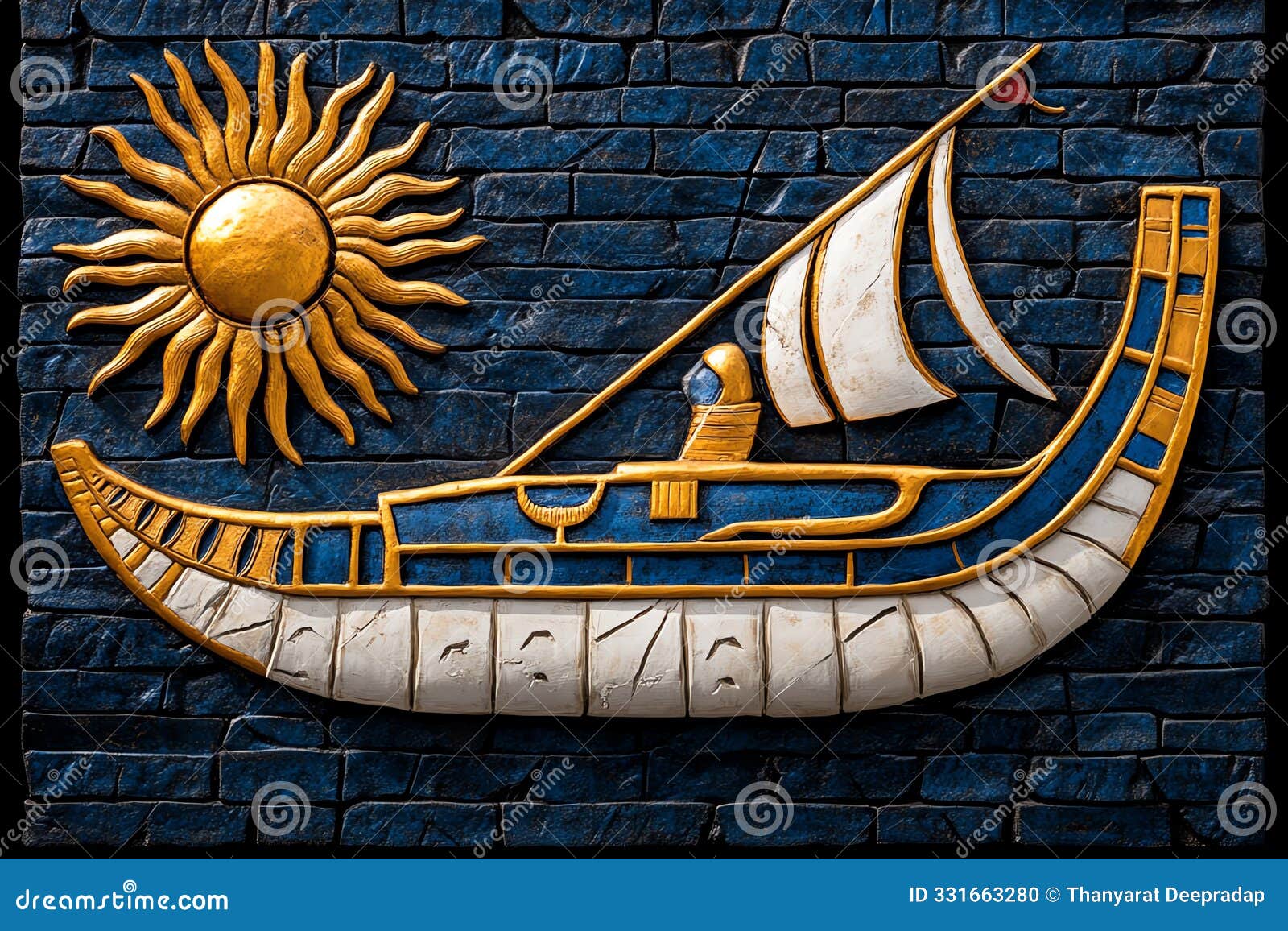 A Stylized Depiction of a Boat Sailing Under a Sun, Carved into a Stone ...