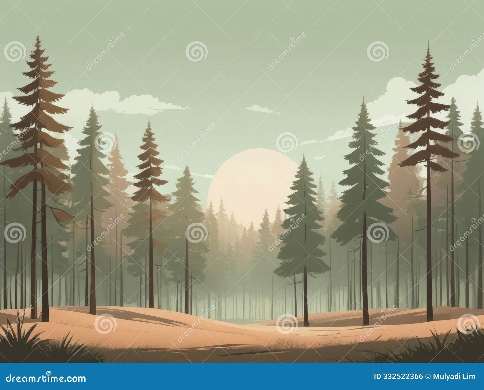 A Stylized Depiction of a Forest with Tall Trees and a Hazy Sky Stock ...