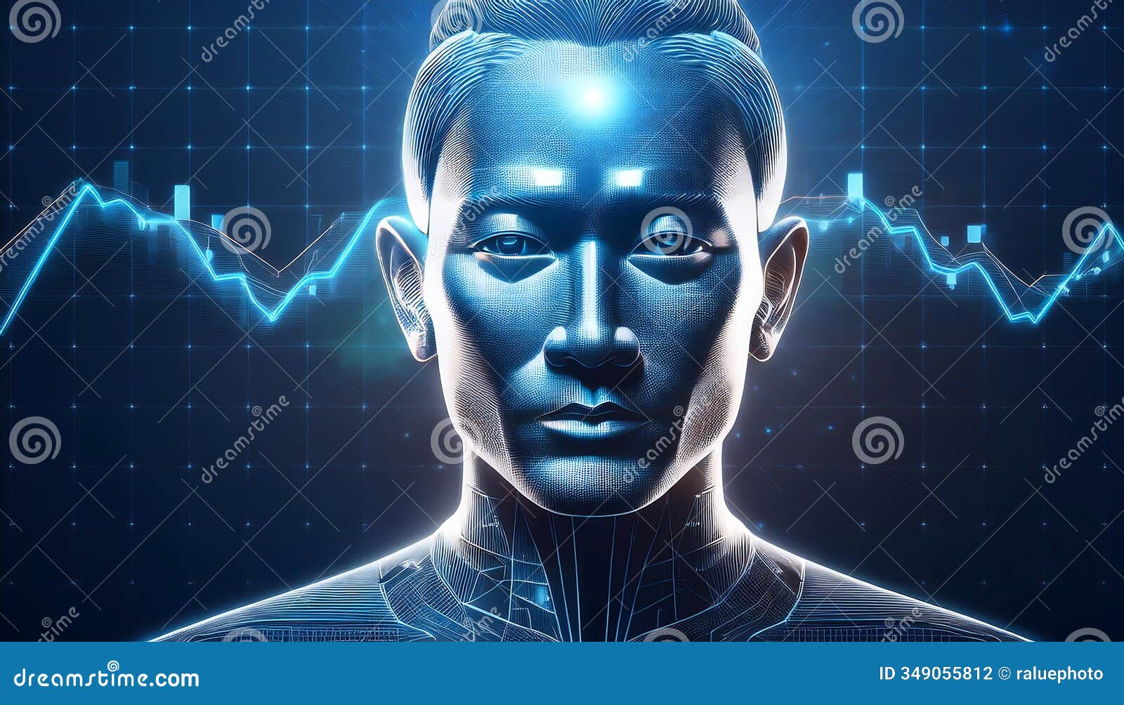 A Stylized Digital Human Face, Glowing, with Data Streams and Charts ...