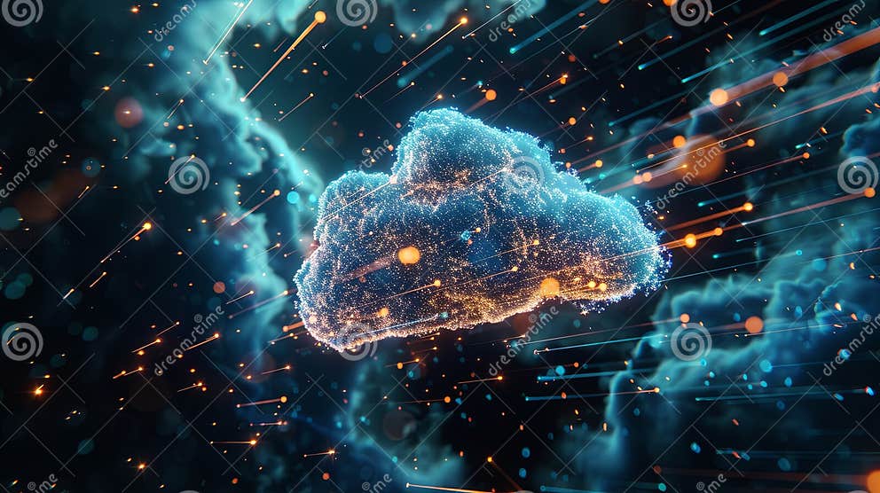 A Stylized Digital Image Depicting Cloud Computing with Abstract Elements Representing Data ...