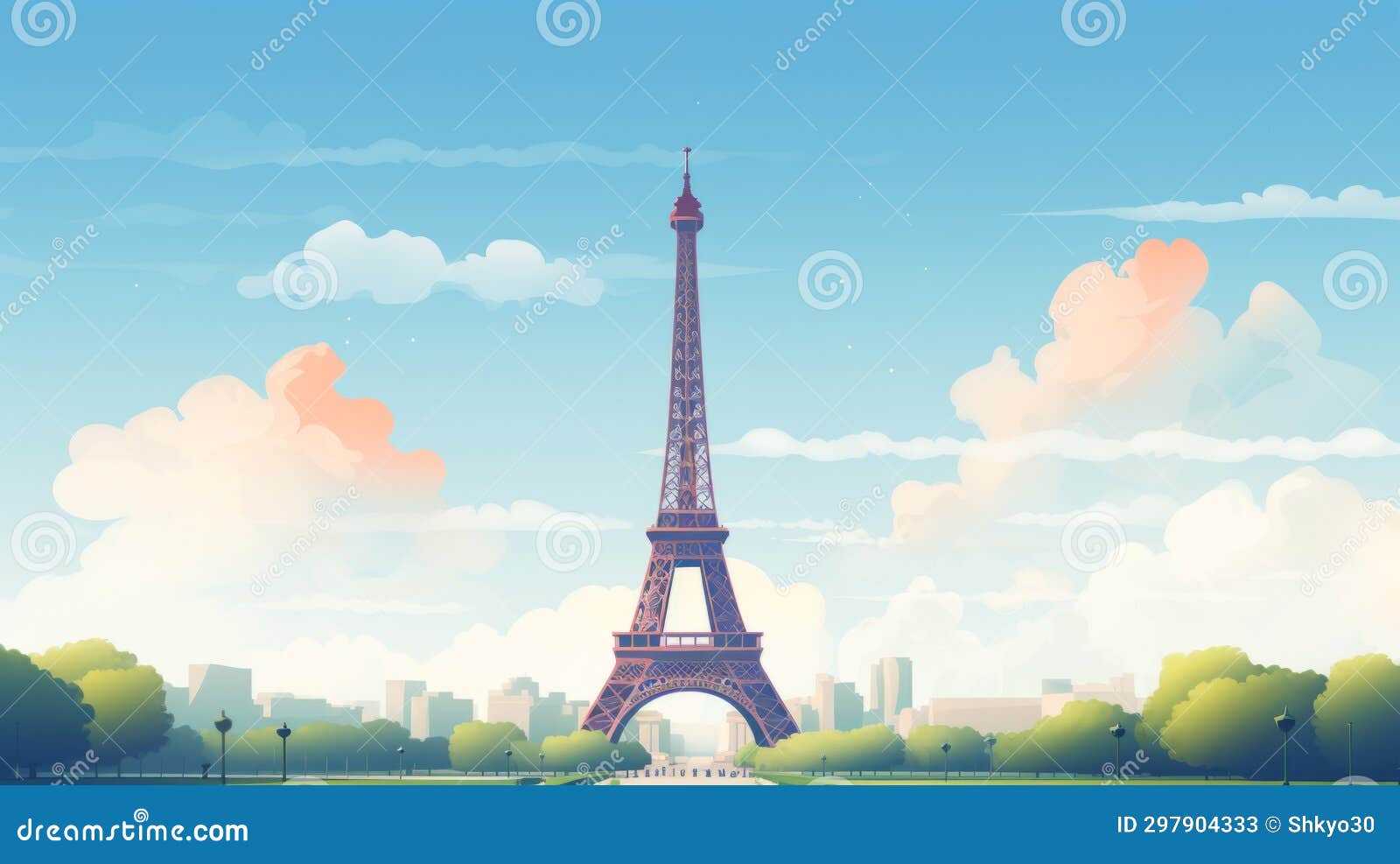Stylized Drawing of Paris Eiffel Tower Large View in Flat Colors Style ...