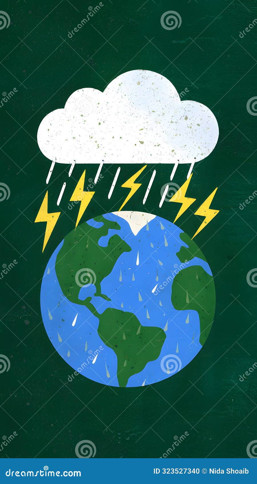 Stylized Earth with Raindrops, Lightning Bolts, Against Deep Green ...