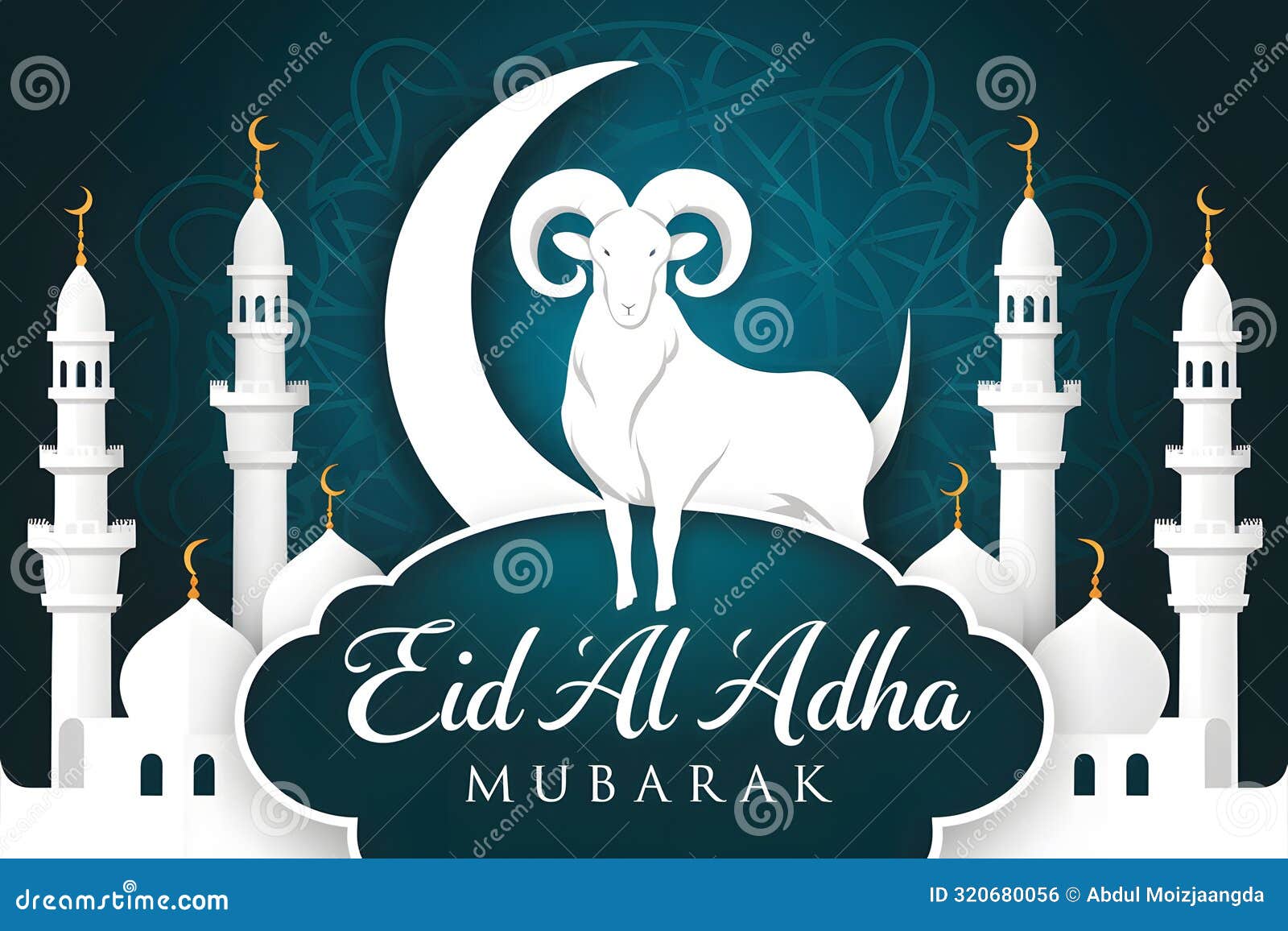 Stylized Eid Al Adha Design with White Ram, Crescent Moon, Mosques, and ...
