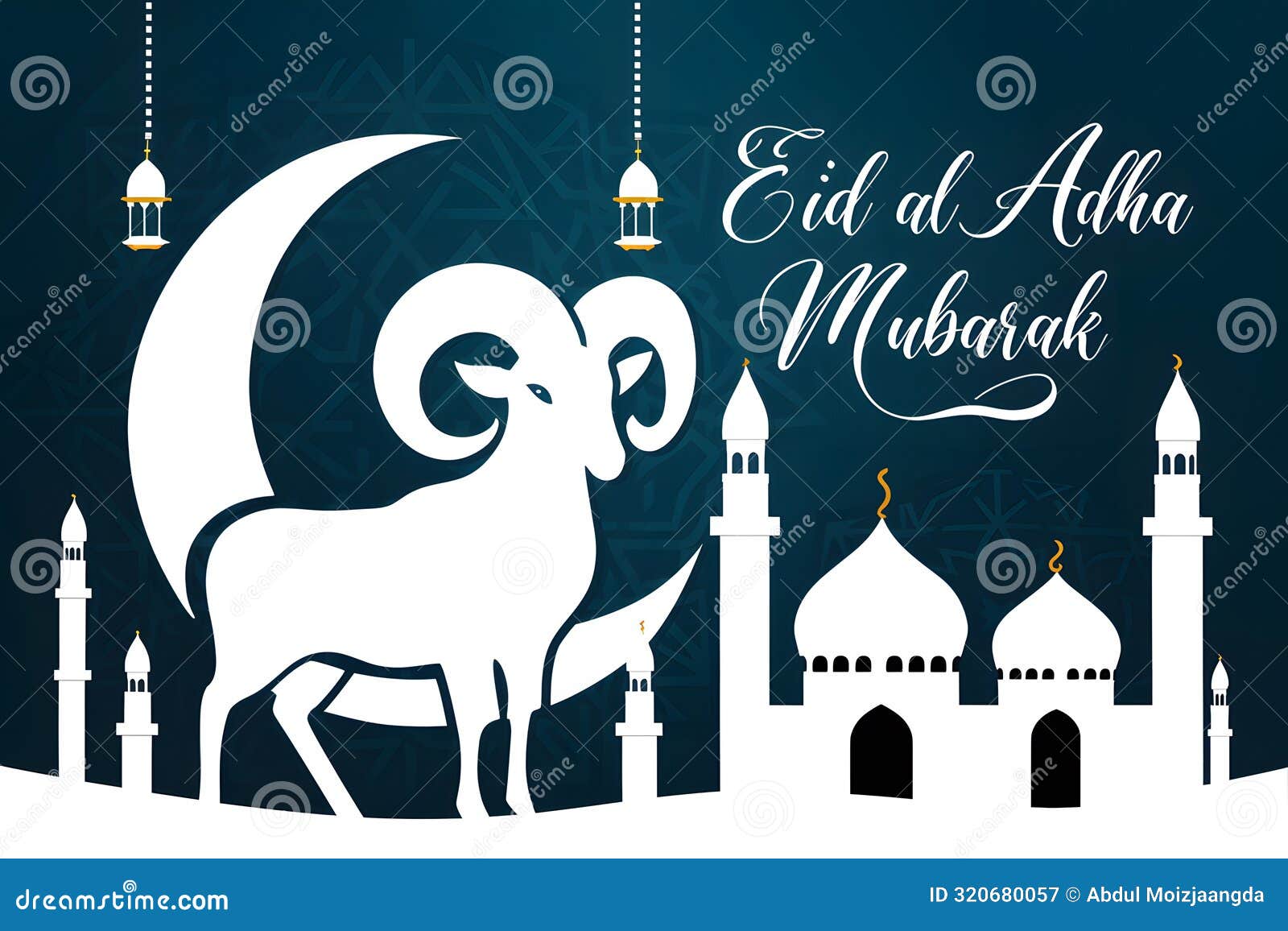 Stylized Eid Al Adha Design With White Ram, Crescent Moon, Mosques, And ...