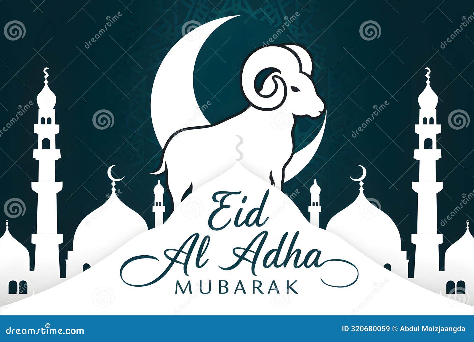 Stylized Eid Al Adha Design With White Ram, Crescent Moon, Mosques, And ...