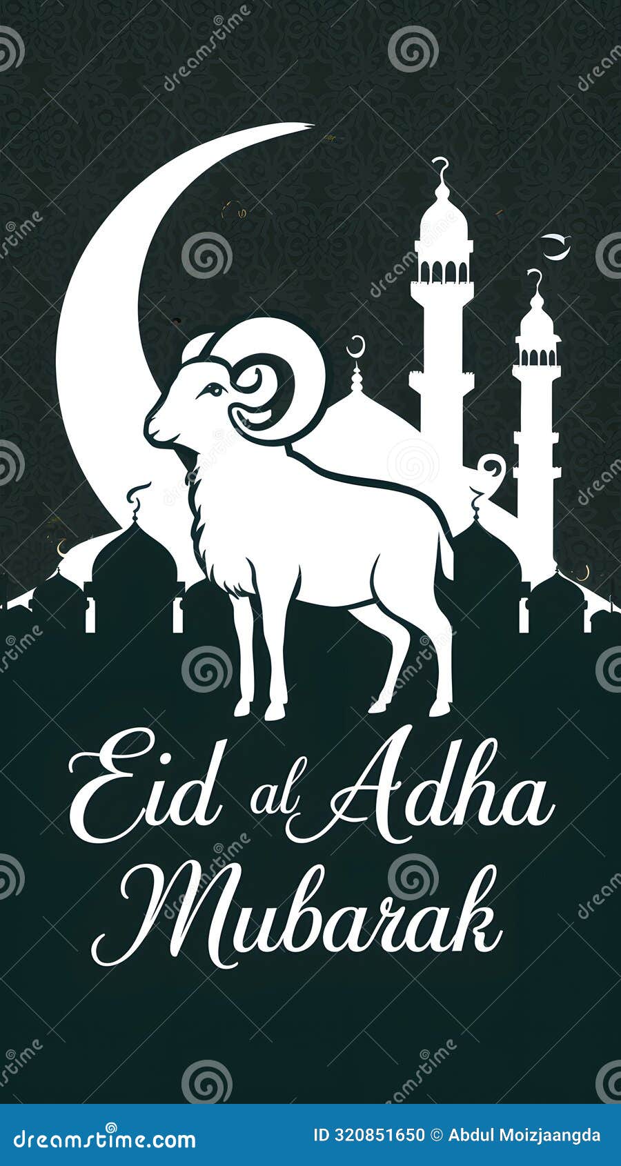 Stylized Eid Al Adha Design with White Ram, Crescent Moon, Mosques, and ...