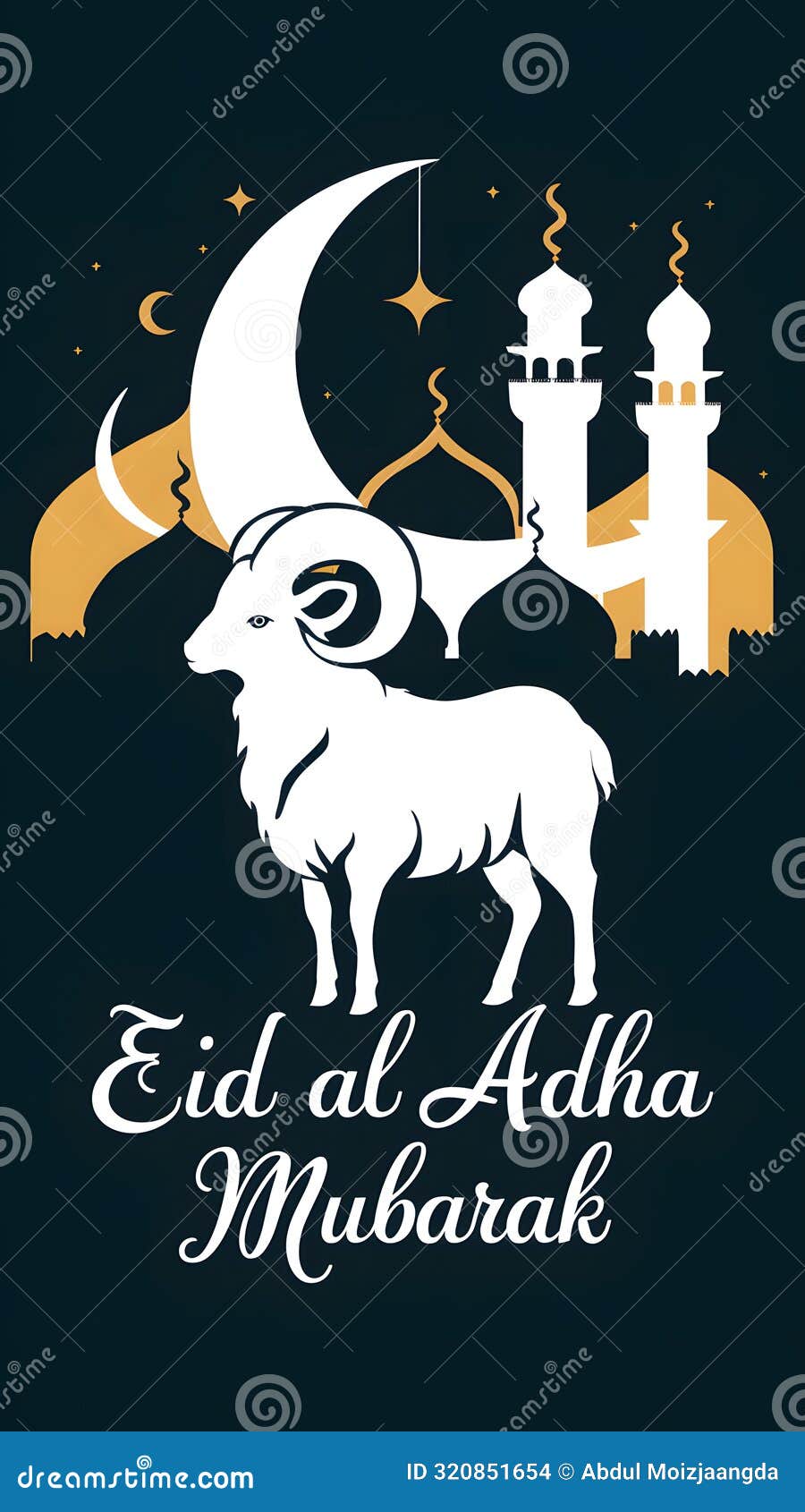 Stylized Eid Al Adha Design With White Ram, Crescent Moon, Mosques, And ...