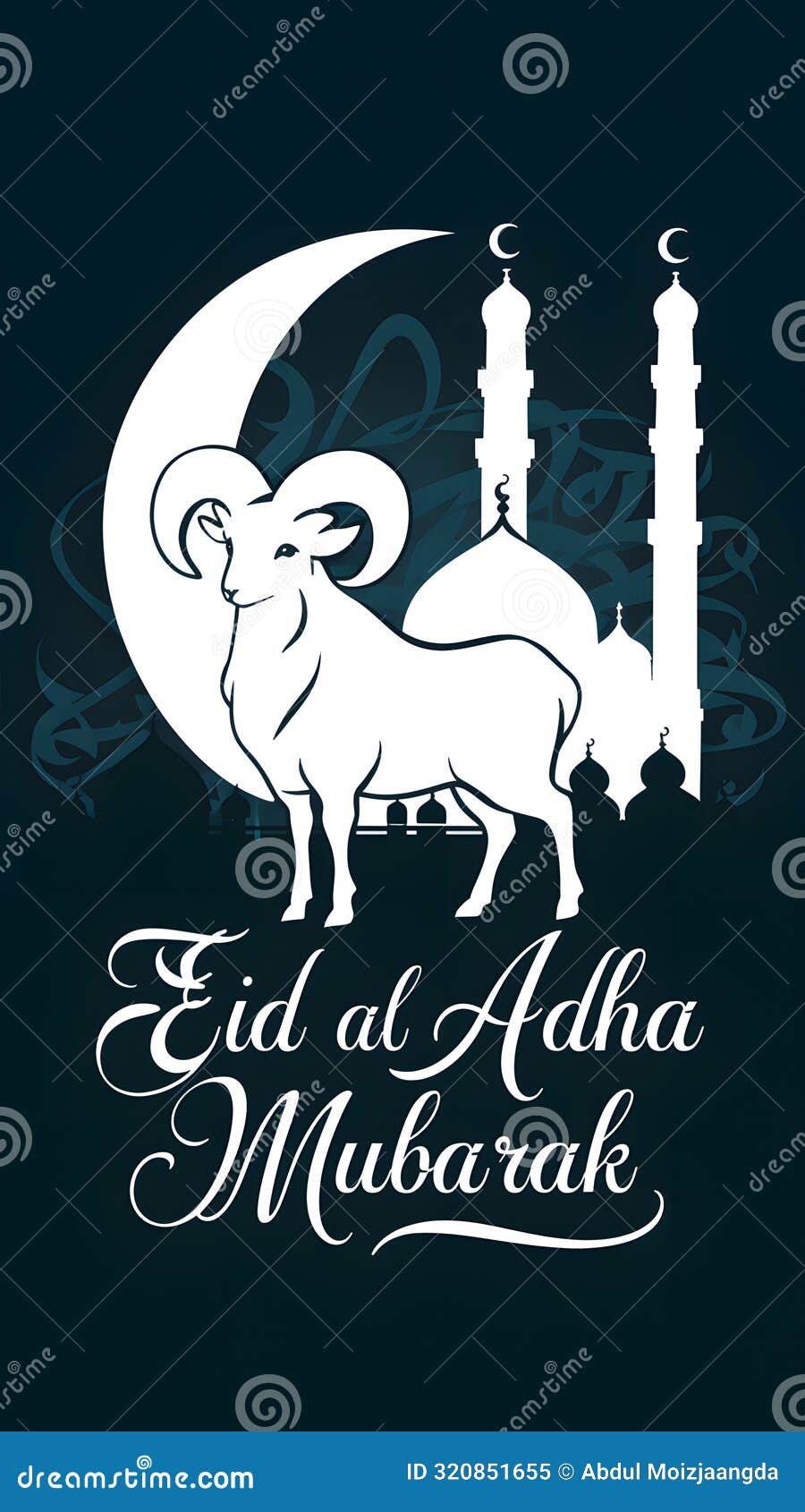 Stylized Eid Al Adha Design With White Ram, Crescent Moon, Mosques, And ...