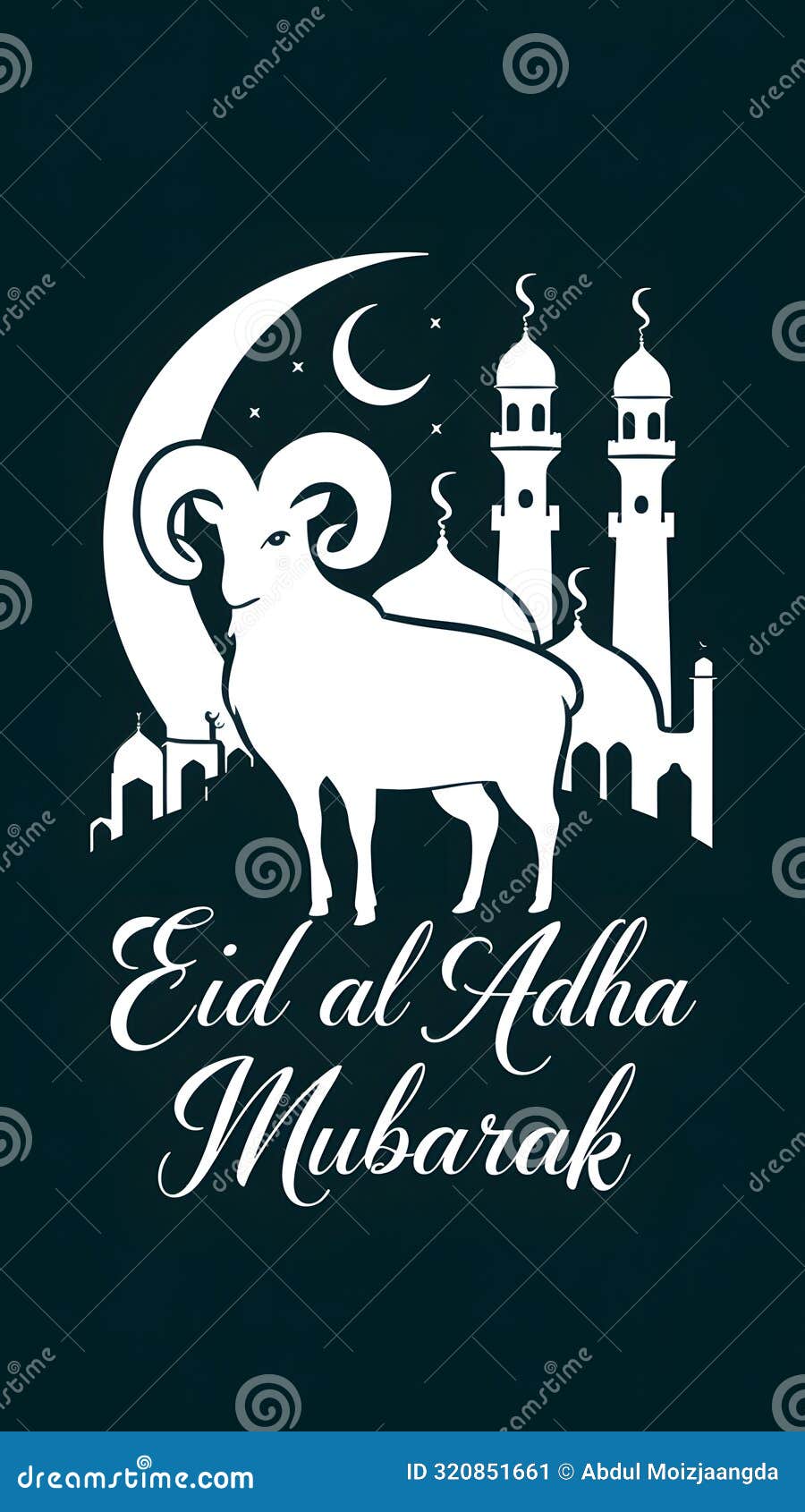 Stylized Eid Al Adha Design With White Ram, Crescent Moon, Mosques, And ...