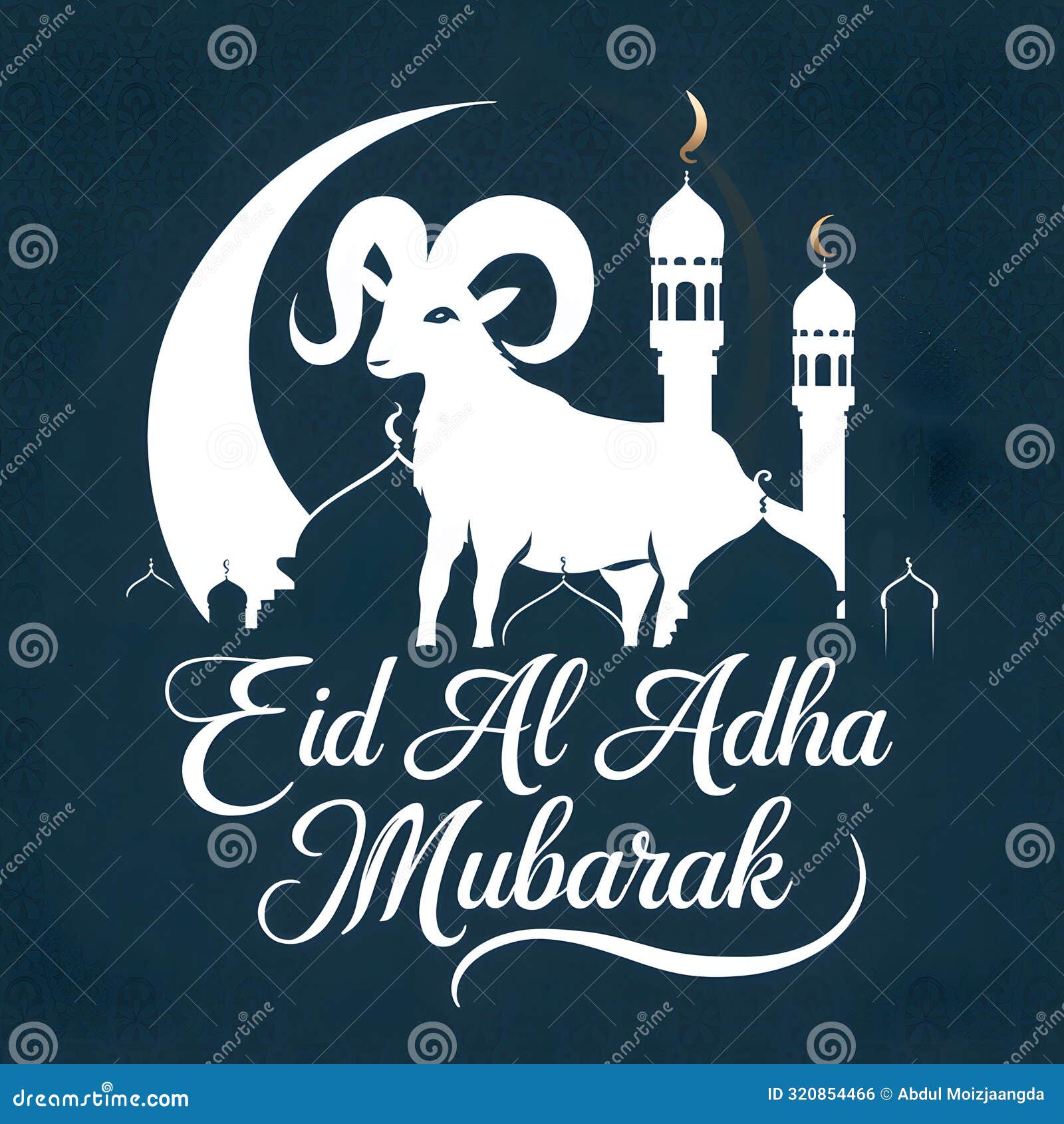 Stylized Eid Al Adha Design with White Ram, Crescent Moon, Mosques, and ...