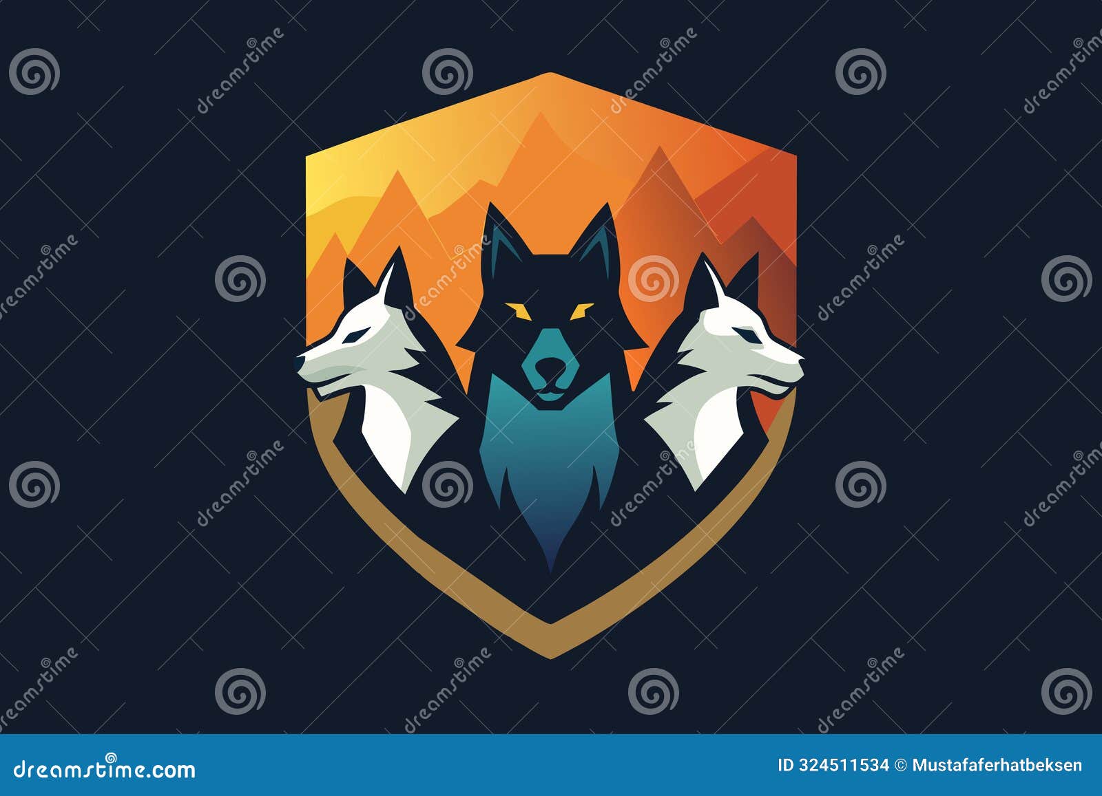 Stylized Emblem Featuring Three Wolves in Front of Mountain Peaks Stock ...
