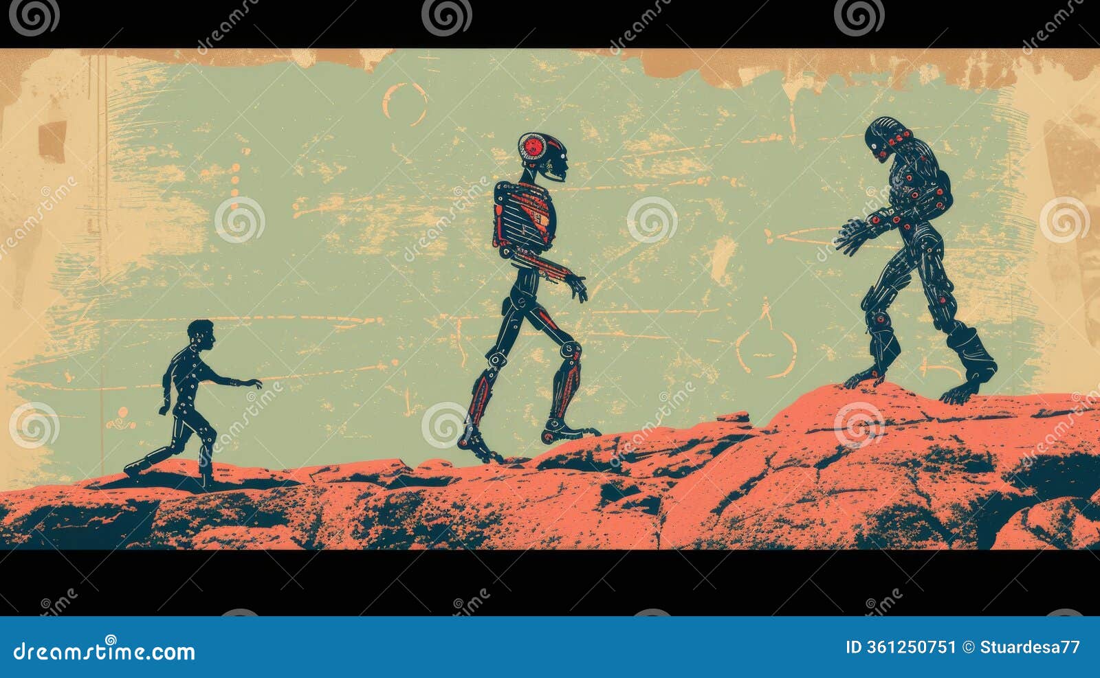 Stylized Evolution of Human To Robot on Rocky Terrain Stock Image ...