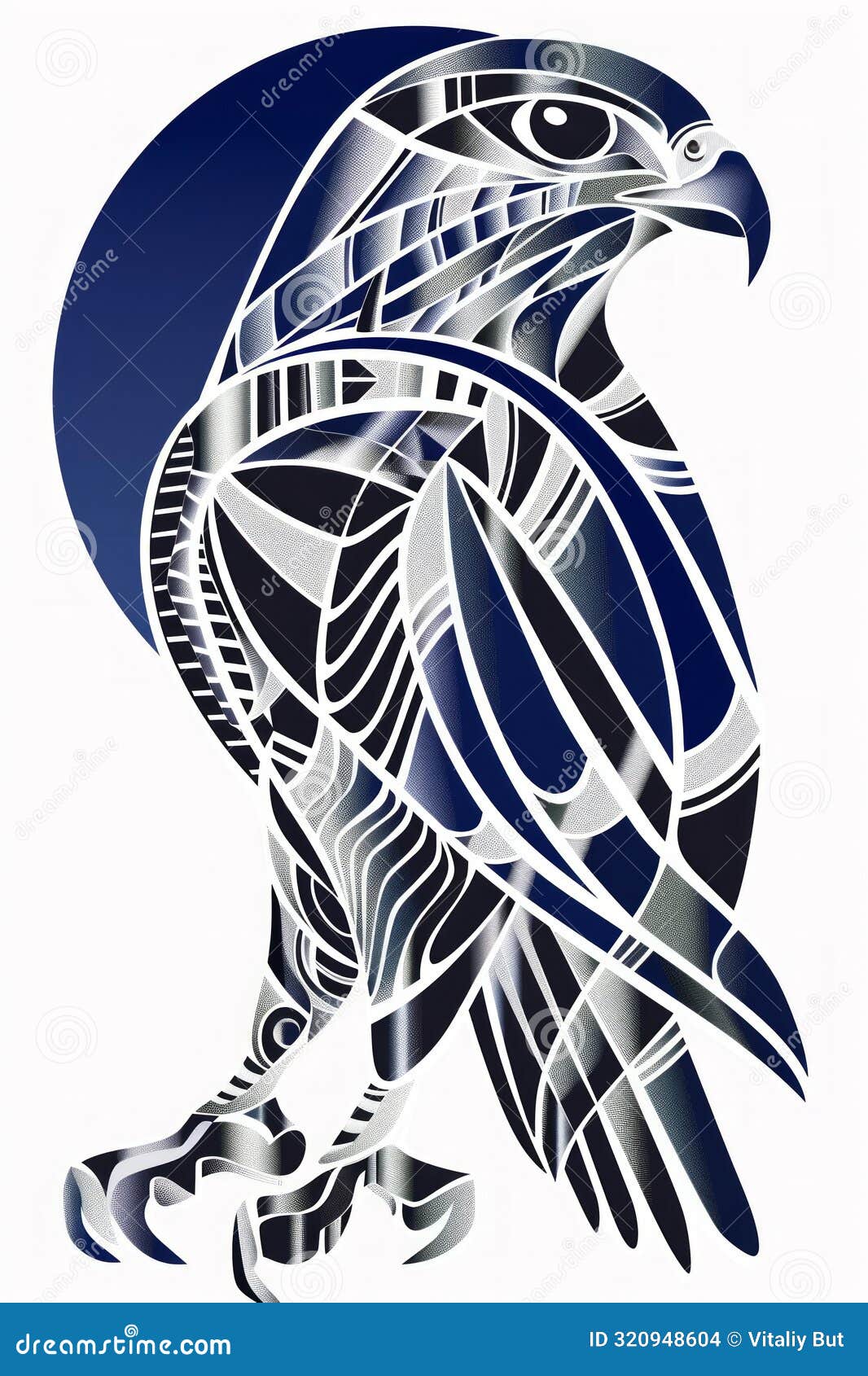 Stylized Falcon with Geometric Patterns in Blue and Black, Against a ...