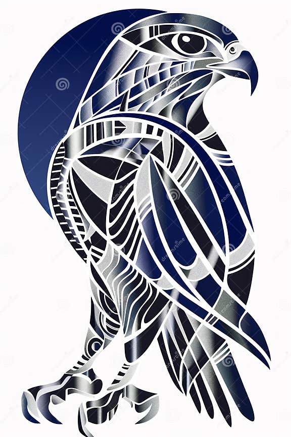 Stylized Falcon with Geometric Patterns in Blue and Black, Against a ...