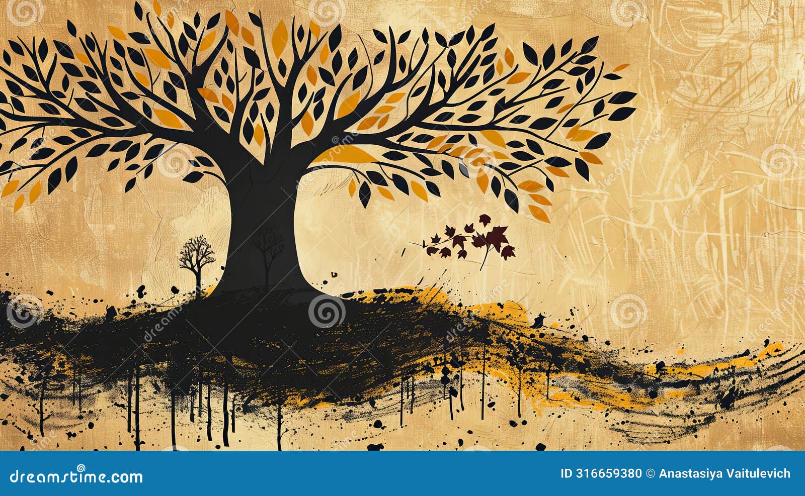 Stylized Fall Tree with Textured Grunge Background in Art Stock Photo ...