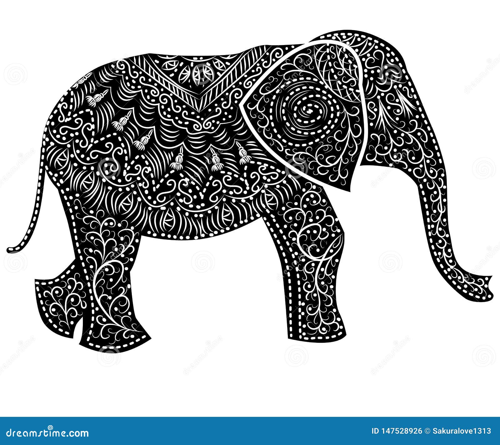 Stylized Fantasy Patterned Elephant. Hand Drawn Illustration Stock ...