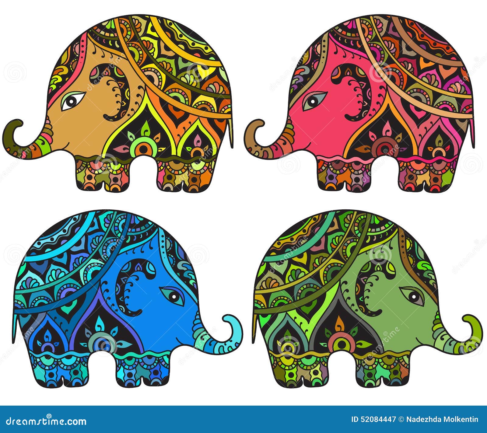 Stylized Fantasy Patterned Elephants In Indian Style. Stock ...