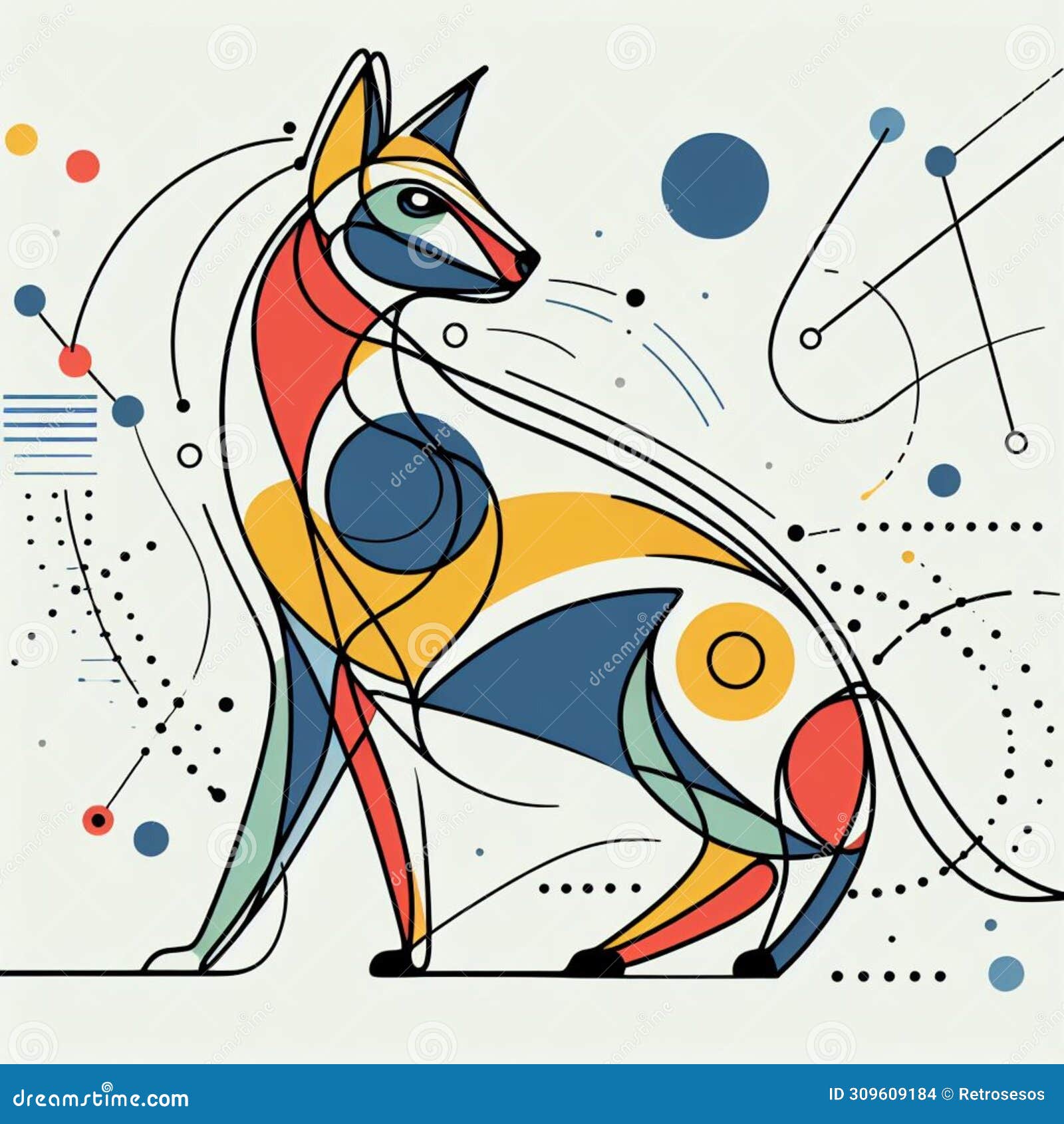 Stylized Feline Continuous Line Art, Basic Geometric Form, Exaggerated ...