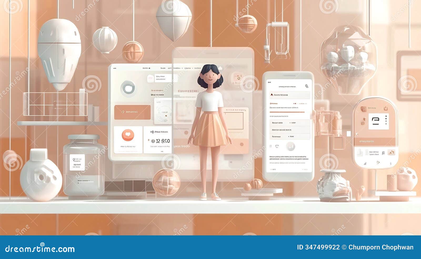 Stylized Female Virtual Character on Minimalist Digital Interface Stock ...