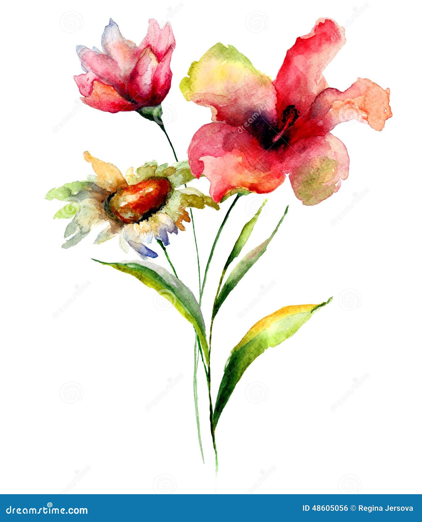 Stylized Flowers Watercolor Illustration Stock Illustration ...