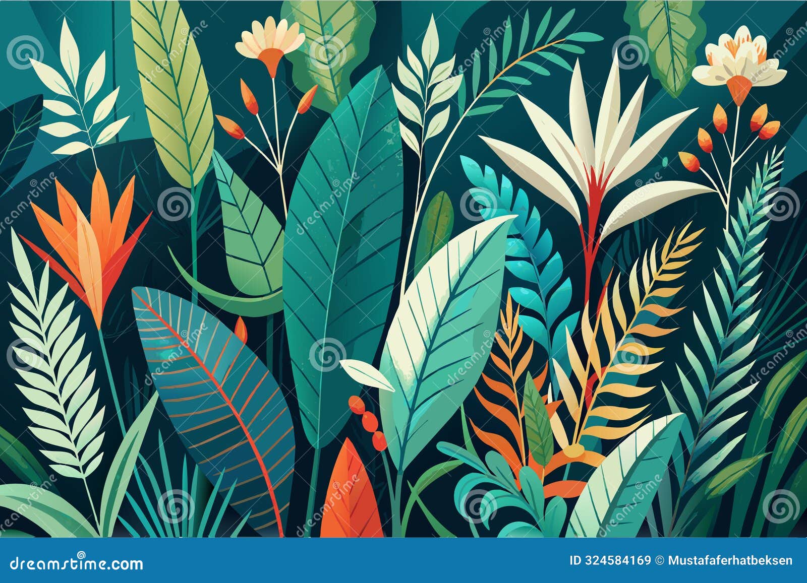 Stylized Foliage and Blooms with a Vibrant, Tropical Theme Stock ...