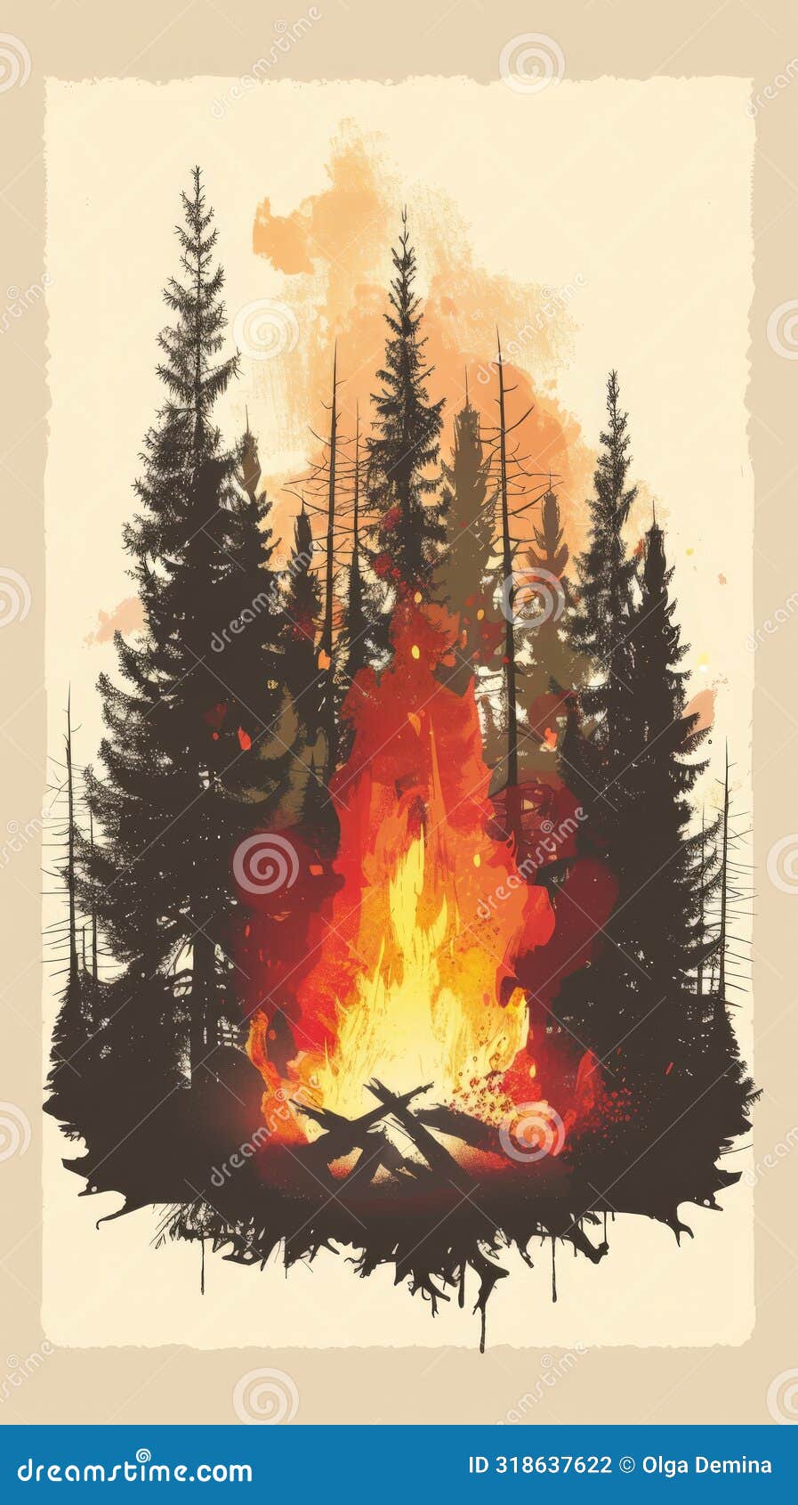 Stylized Forest Fire Scene with Textured Backdrop. Wildfires and ...