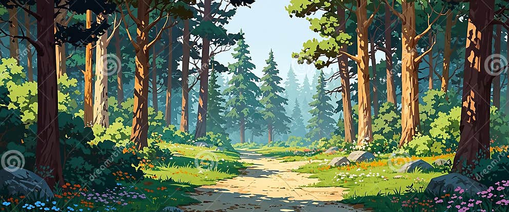 Stylized Forest Path with Flowers and Pine Trees. Stock Image - Image ...