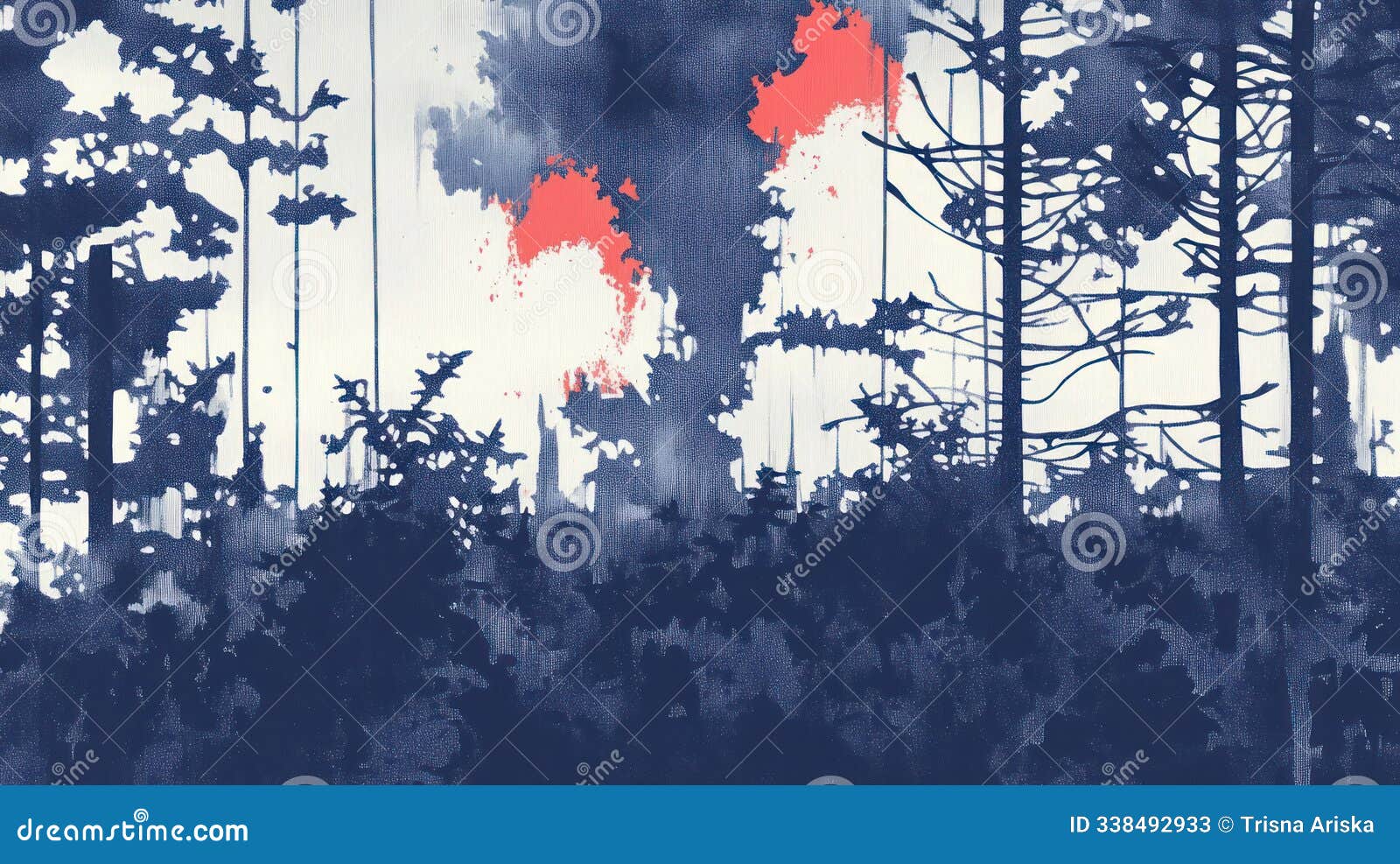 A Stylized Forest Scene with Dark Trees and Abstract Red Clouds Stock ...