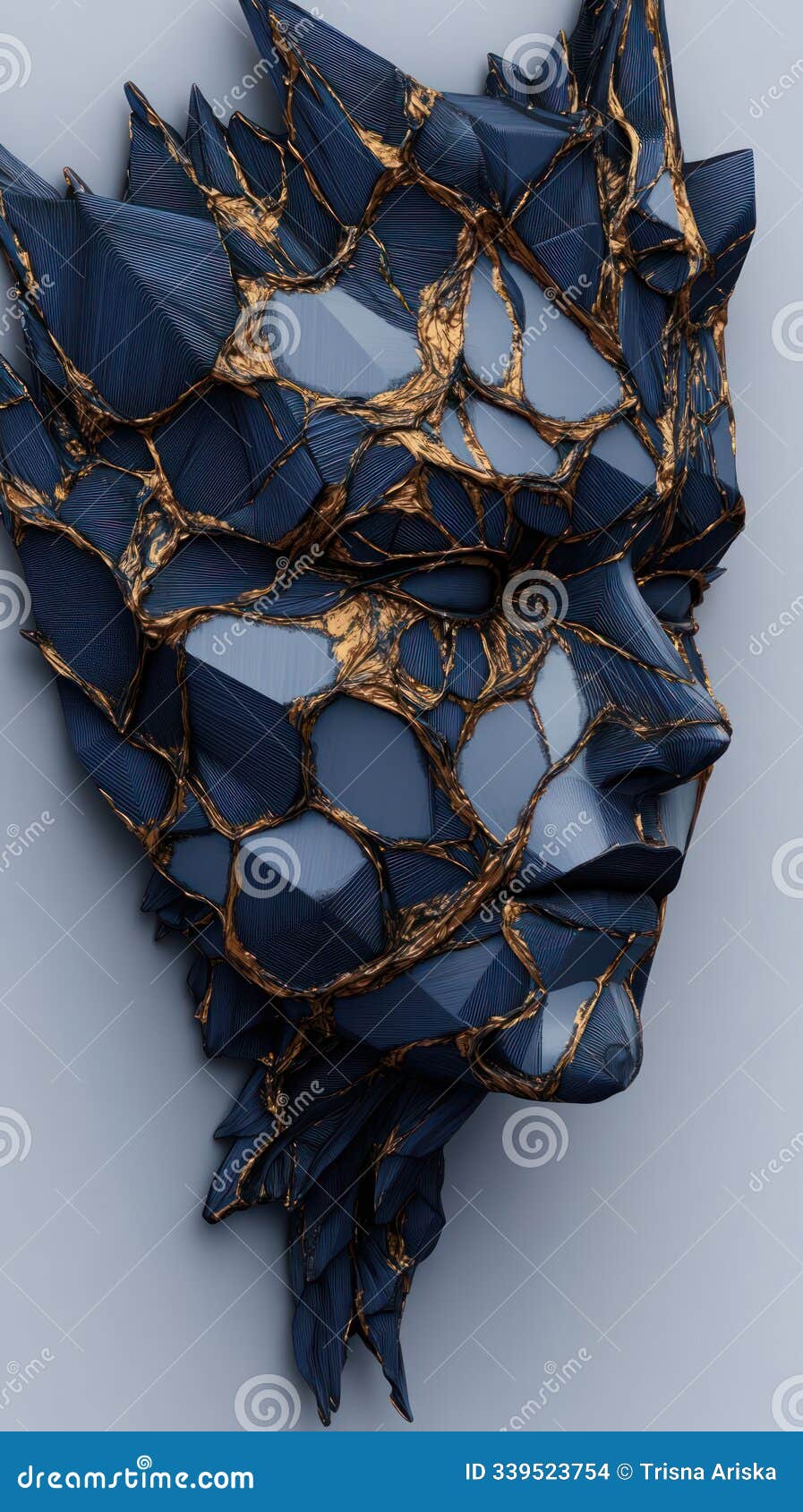 A Stylized, Fragmented Face Sculpture with a Dark and Metallic Finish ...