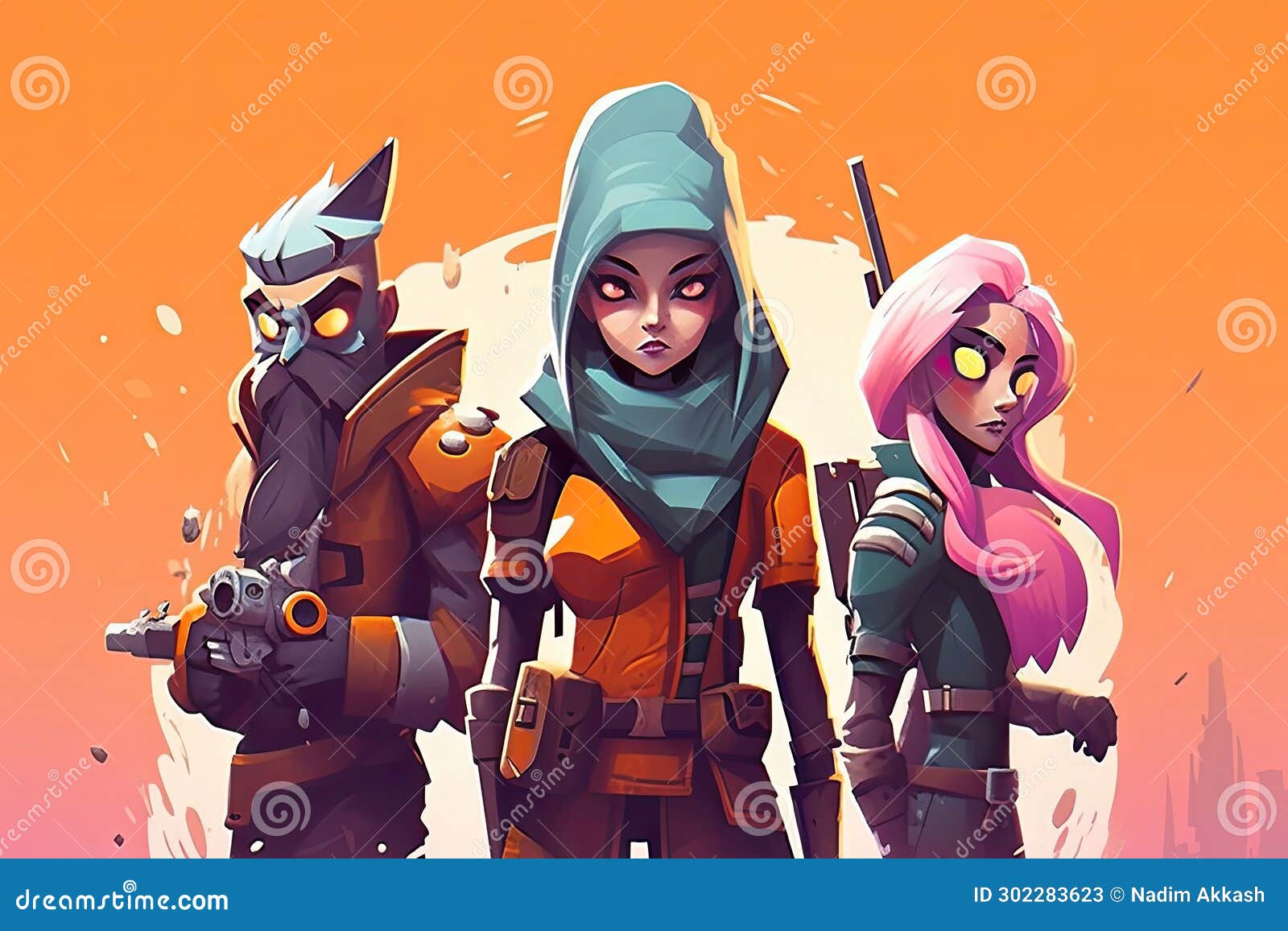 Stylized Game Characters Trio Gaming Website Header Stock Image - Image ...