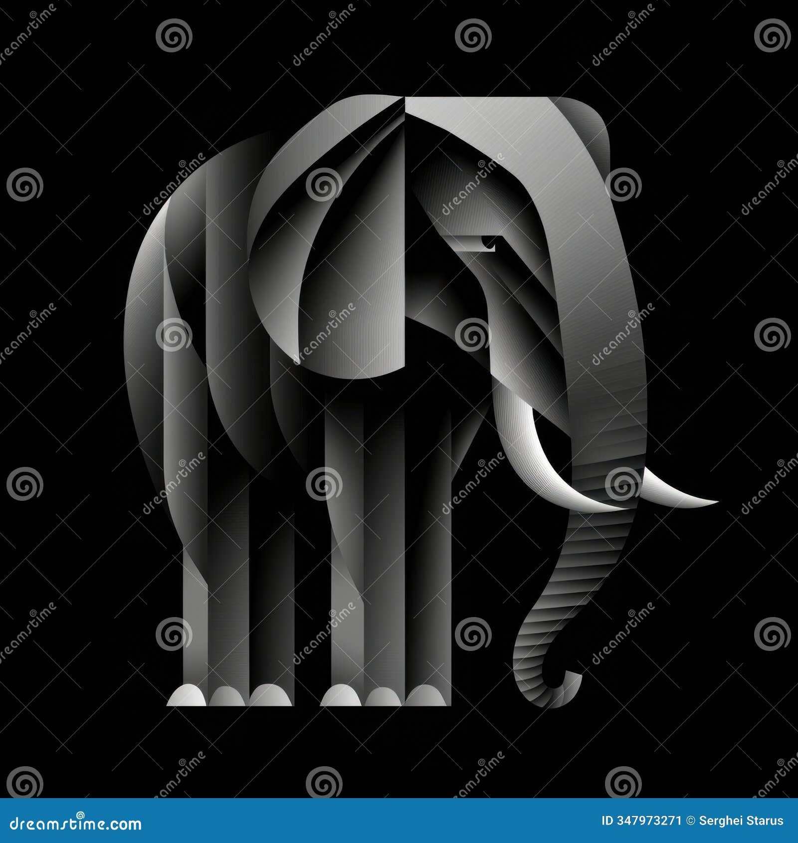 Stylized Geometric Elephant Illustration in Grayscale on a Black ...