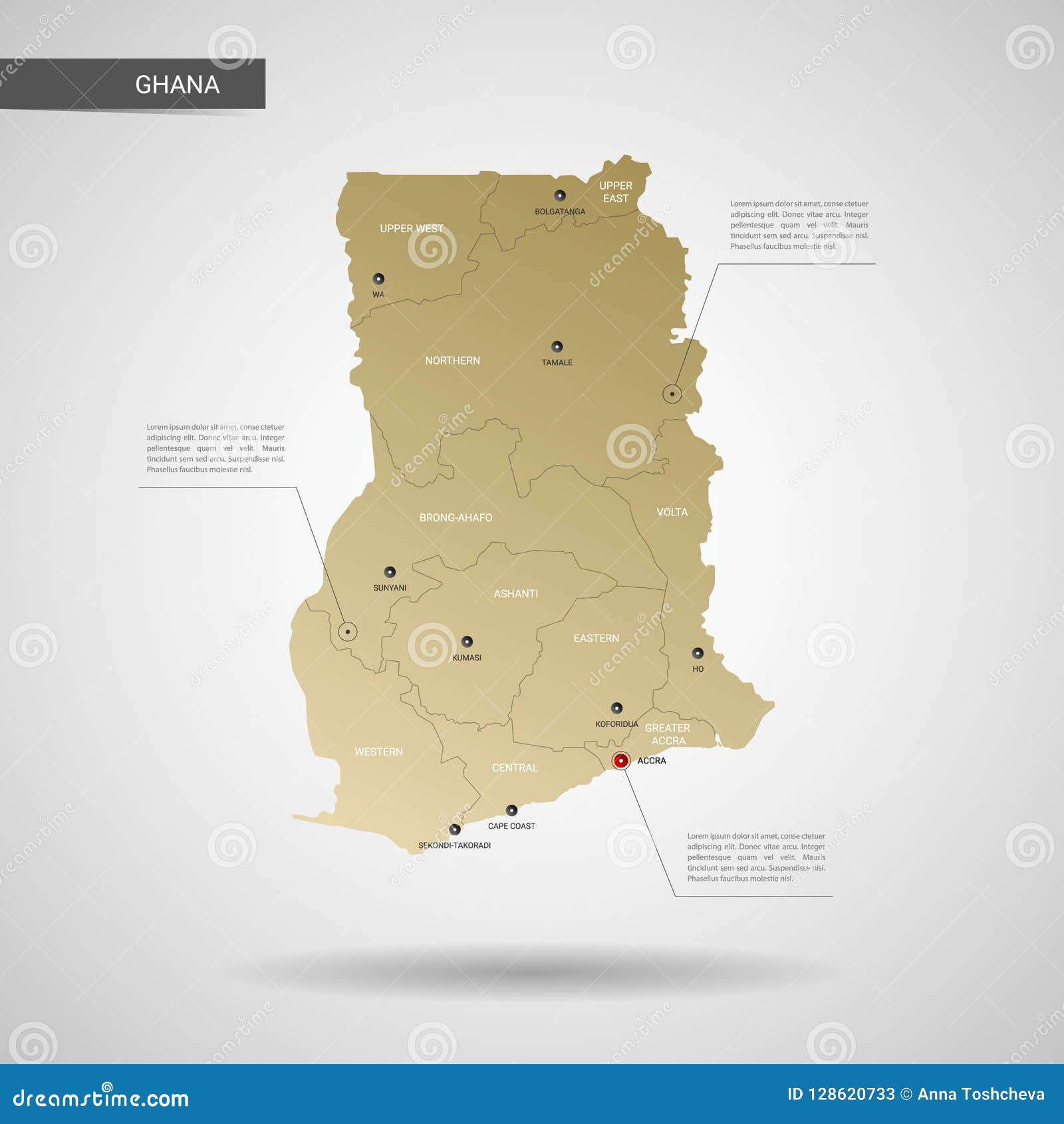Vector Map Of Ghana. High Detailed Country Map With Division, Cities ...