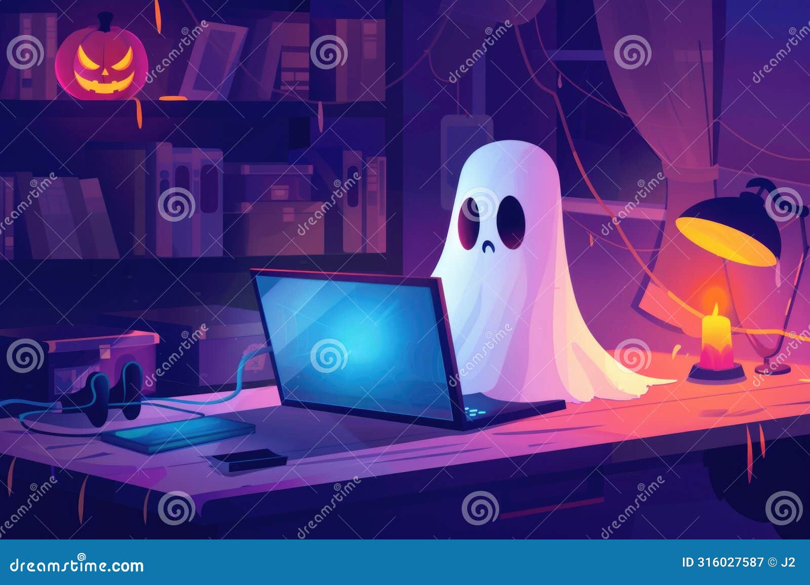 Stylized Ghost Character with Glowing Eyes at Work on Computer ...