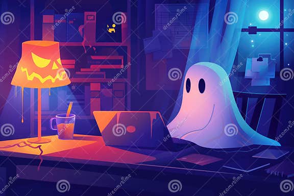Stylized Ghost Character with Glowing Eyes at Work on Computer ...