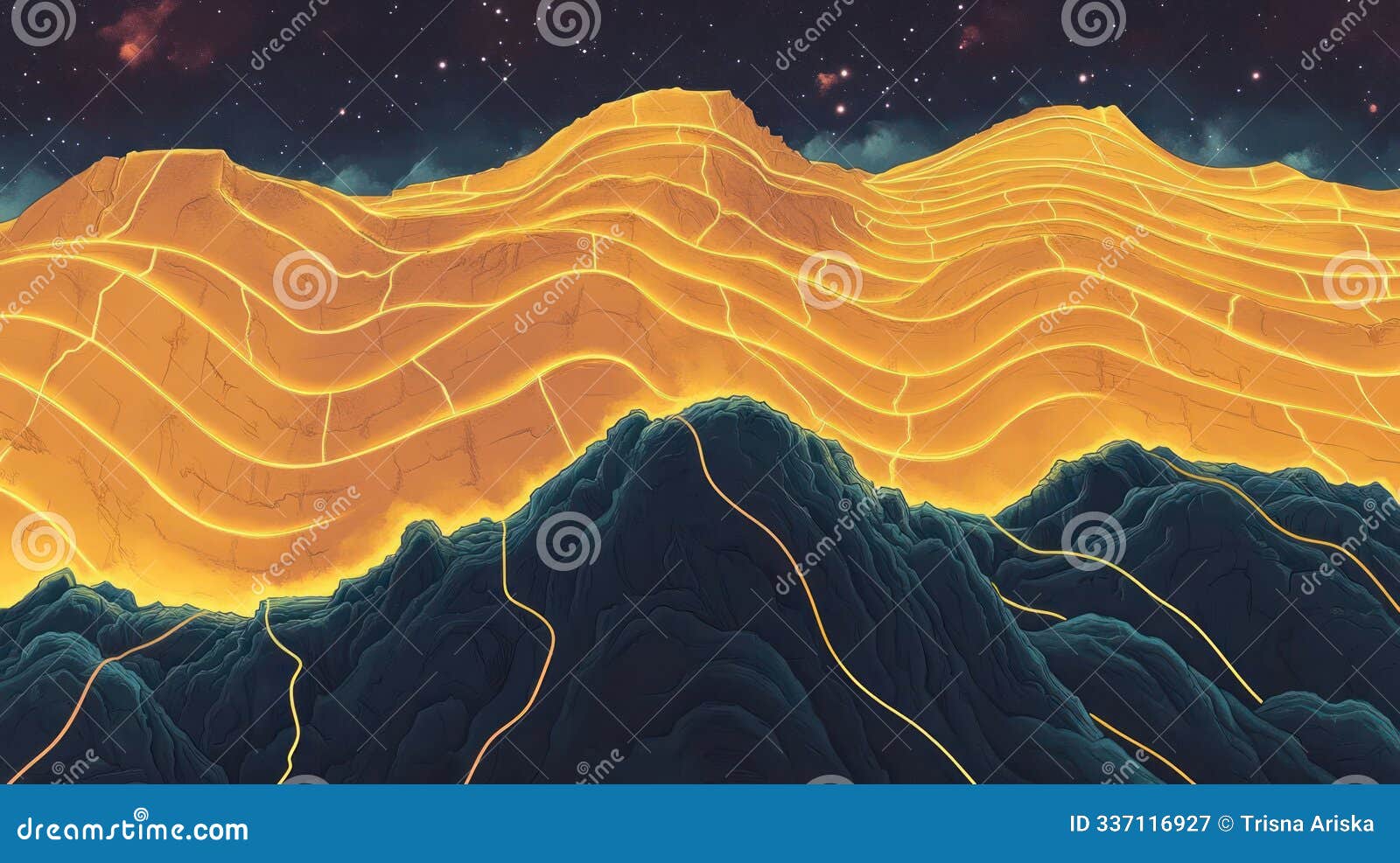 A Stylized, Glowing Landscape with Wavy Golden Patterns Resembling Lava ...