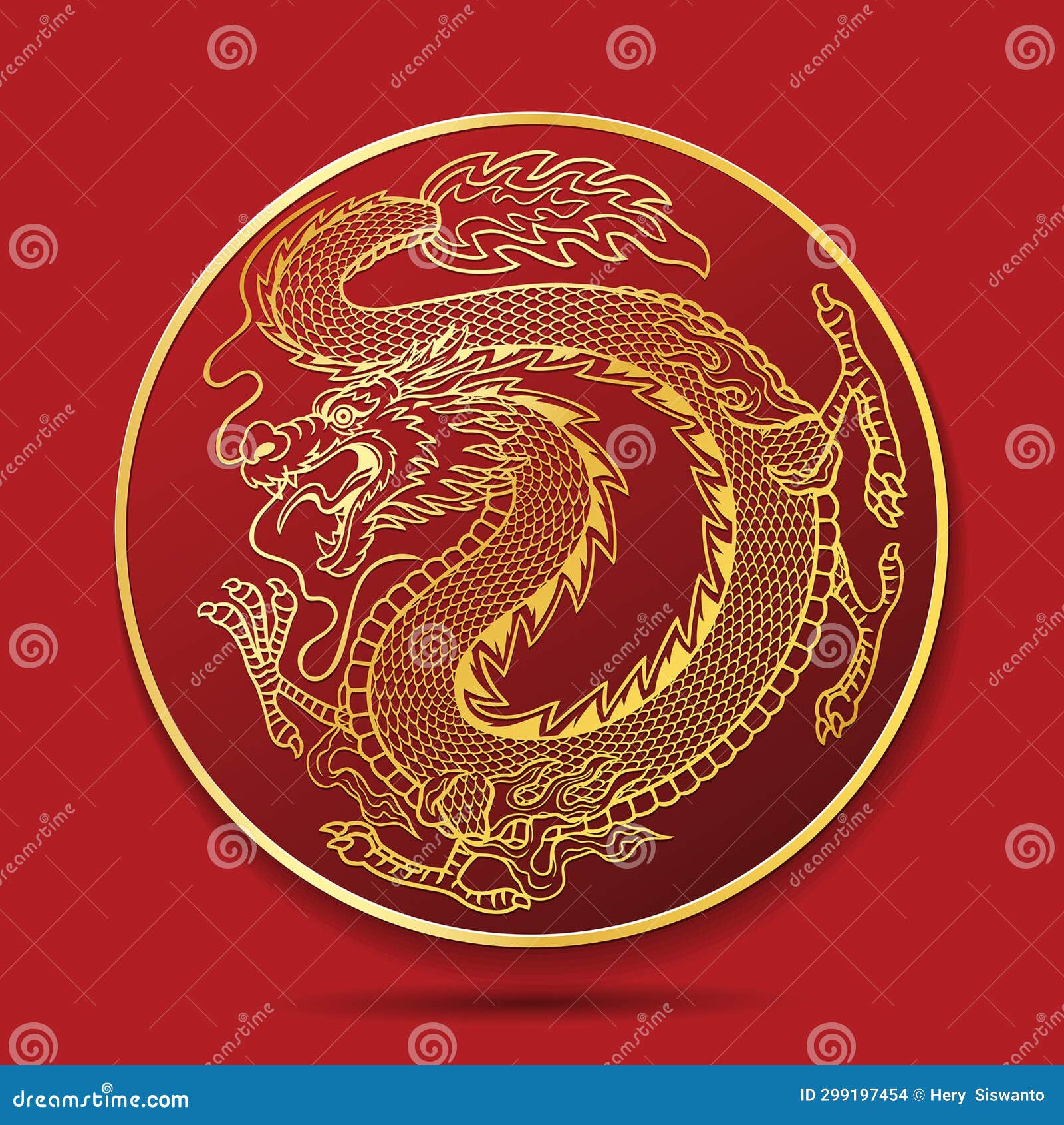 Stylized Gold Dragon Illustration in Circle Ornament Stock Vector ...
